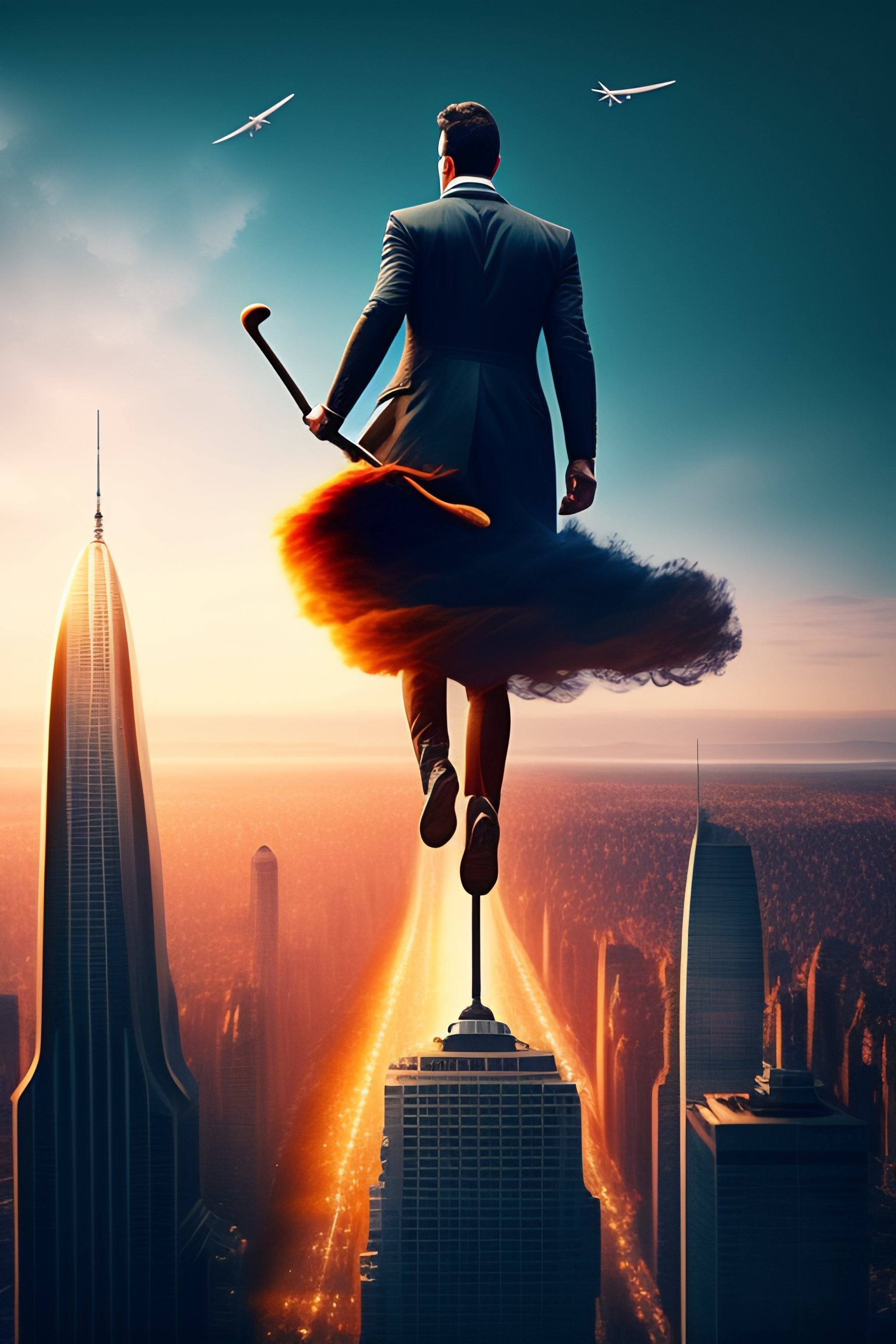 Lexica - Man riding a broomstick over the city flying
