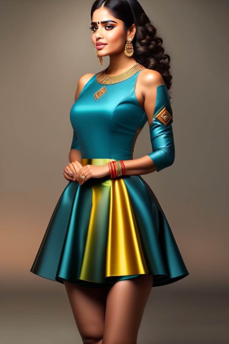 Lexica - Indian short dress girl show thighs, show back side