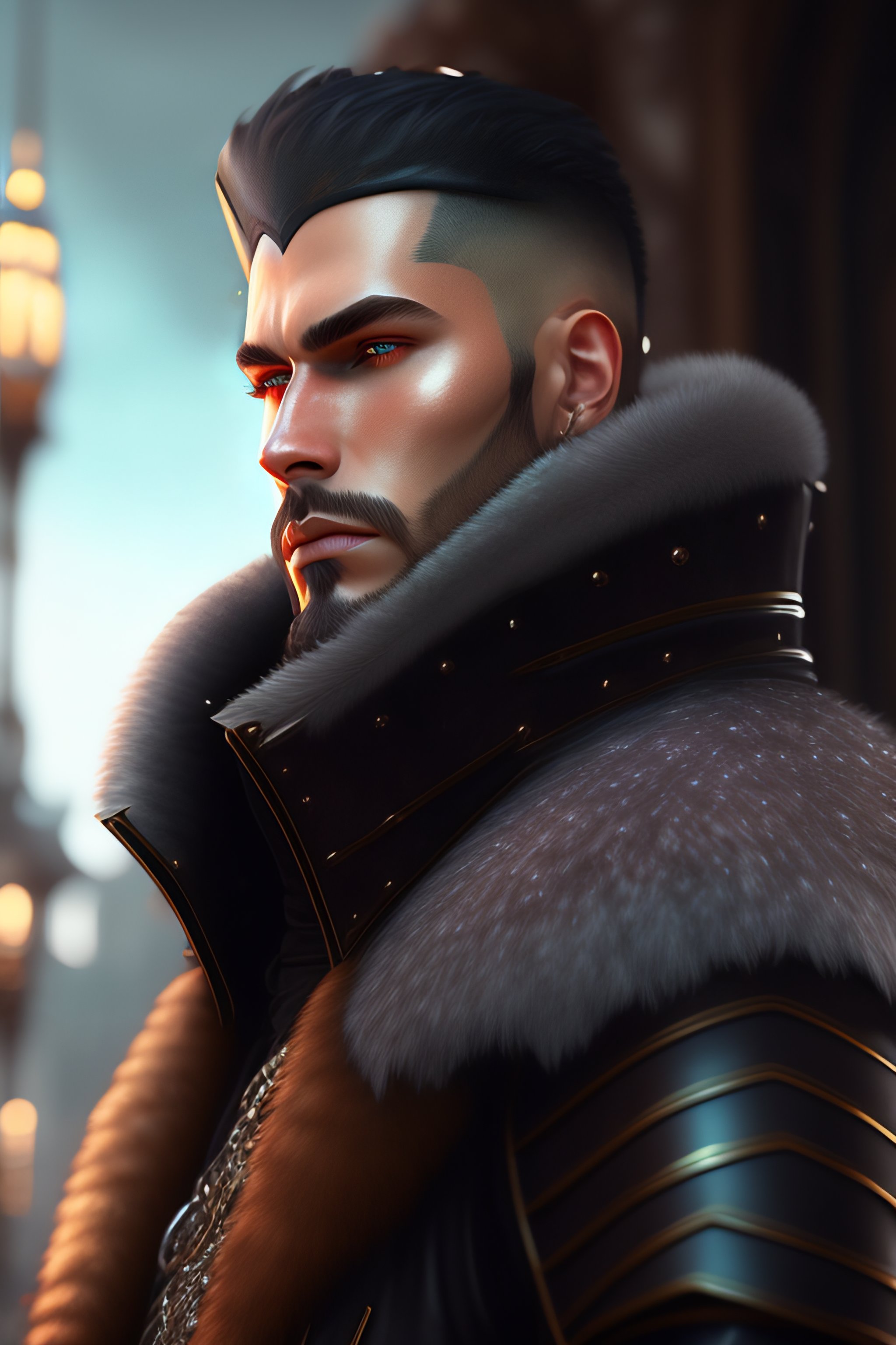 Lexica - Male, cyborg, fur coat, fantasy, medieval, leather armor, art ...