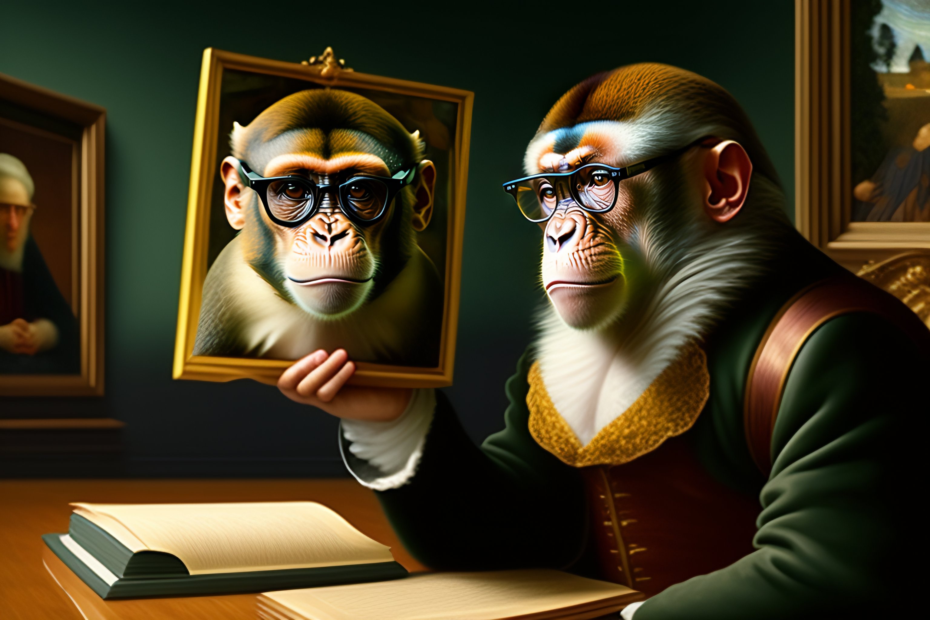 Lexica - Intelectual monkey reading a book with glasses renaissance painting, van gogh