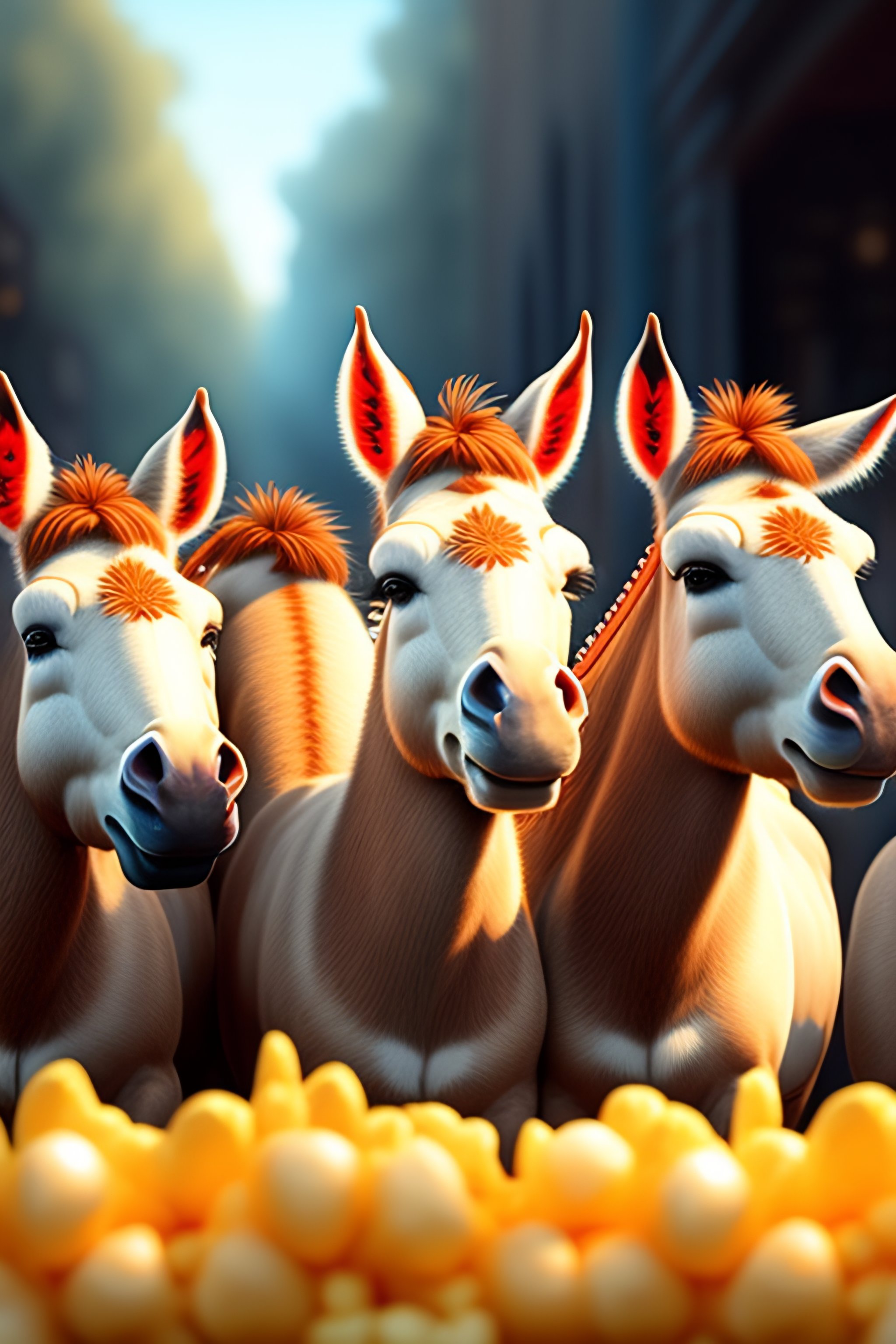 Lexica - A row of ((happy)) cartoon donkeys eating popcorn with ...