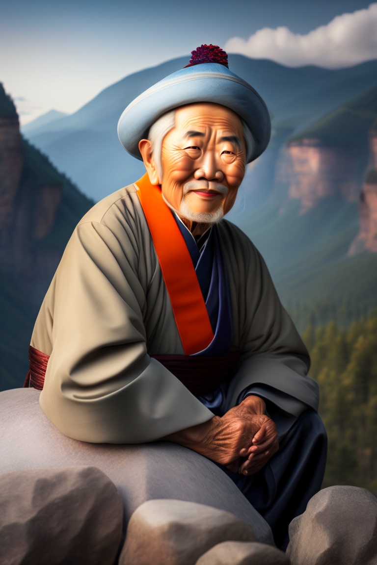 Lexica - Portrait of Old wise chinese man setting on a rock in front of ...