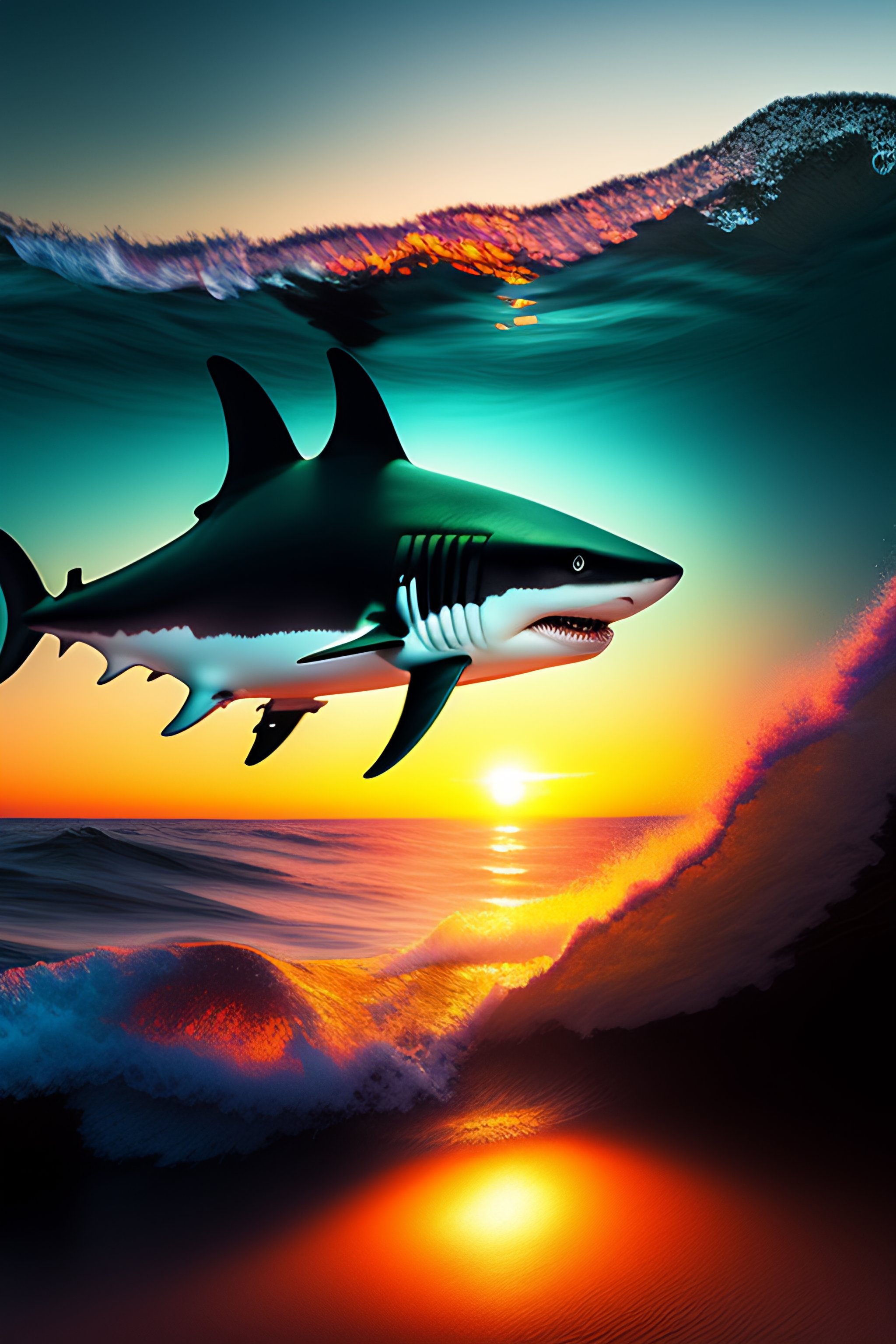 Lexica - A shark coming out of the sea with a sunset