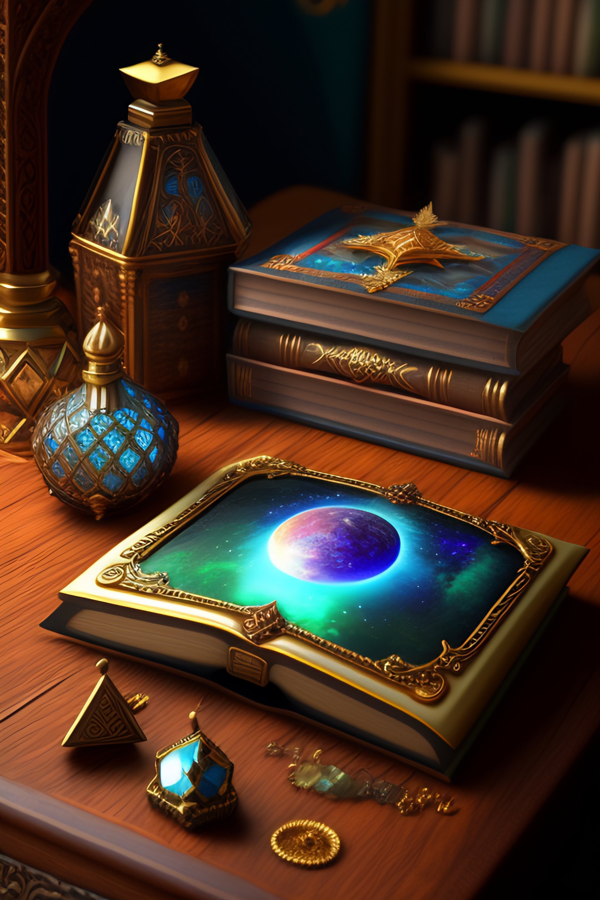 Lexica - Fantasy wizard's work table with magical artifacts, snining ...