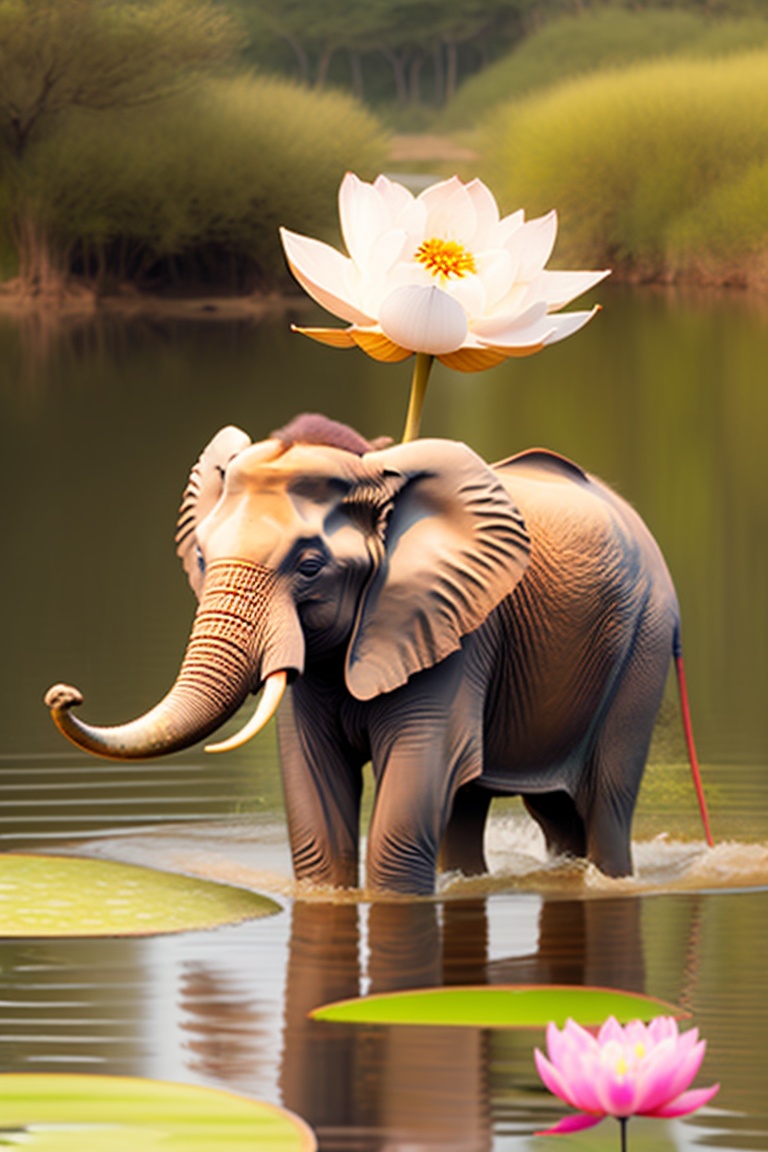 Lexica - Elephant with lotus in pond,holding lotus