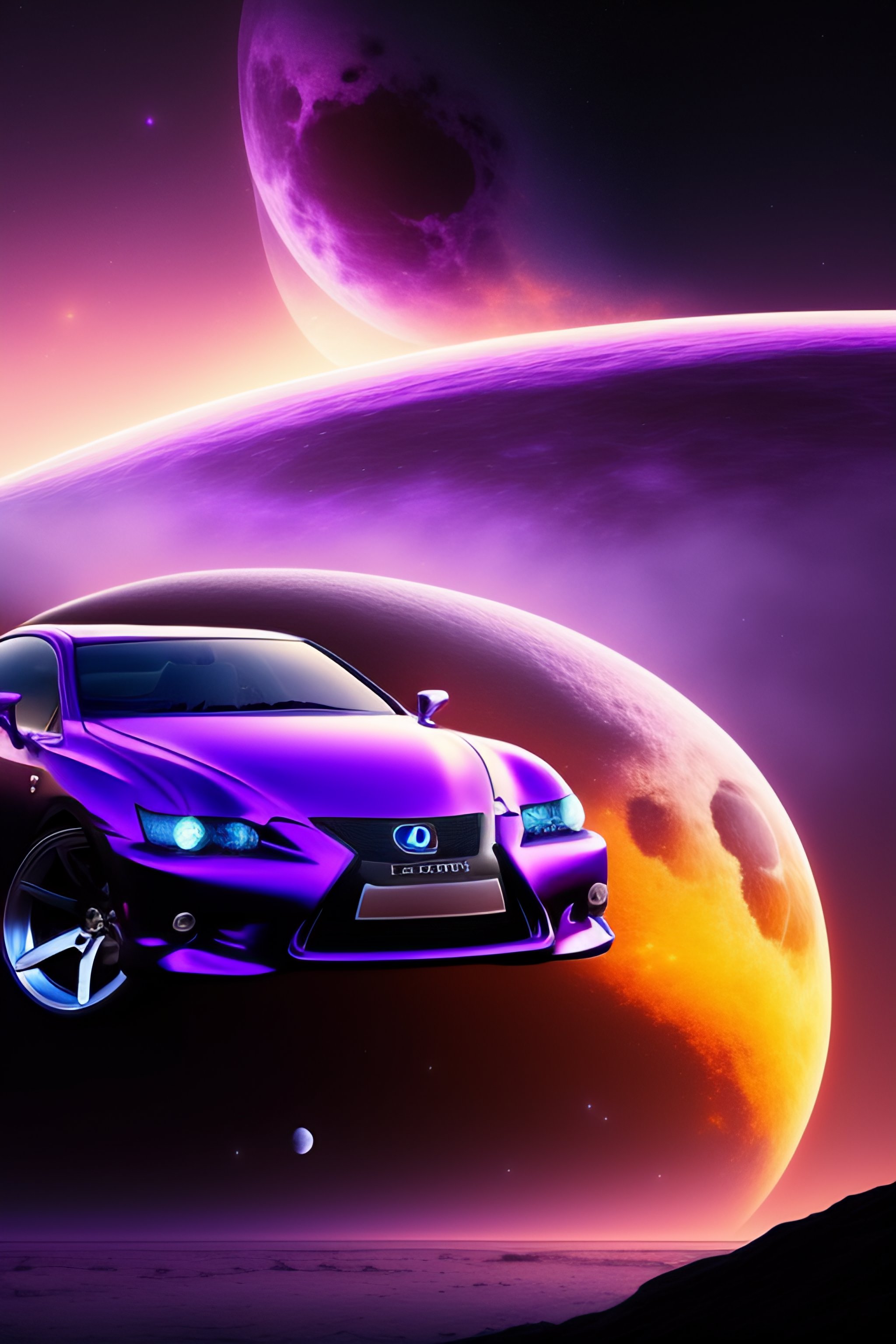 Lexica - Purple Lexus coupe fire in the background in space Huge Moon ...
