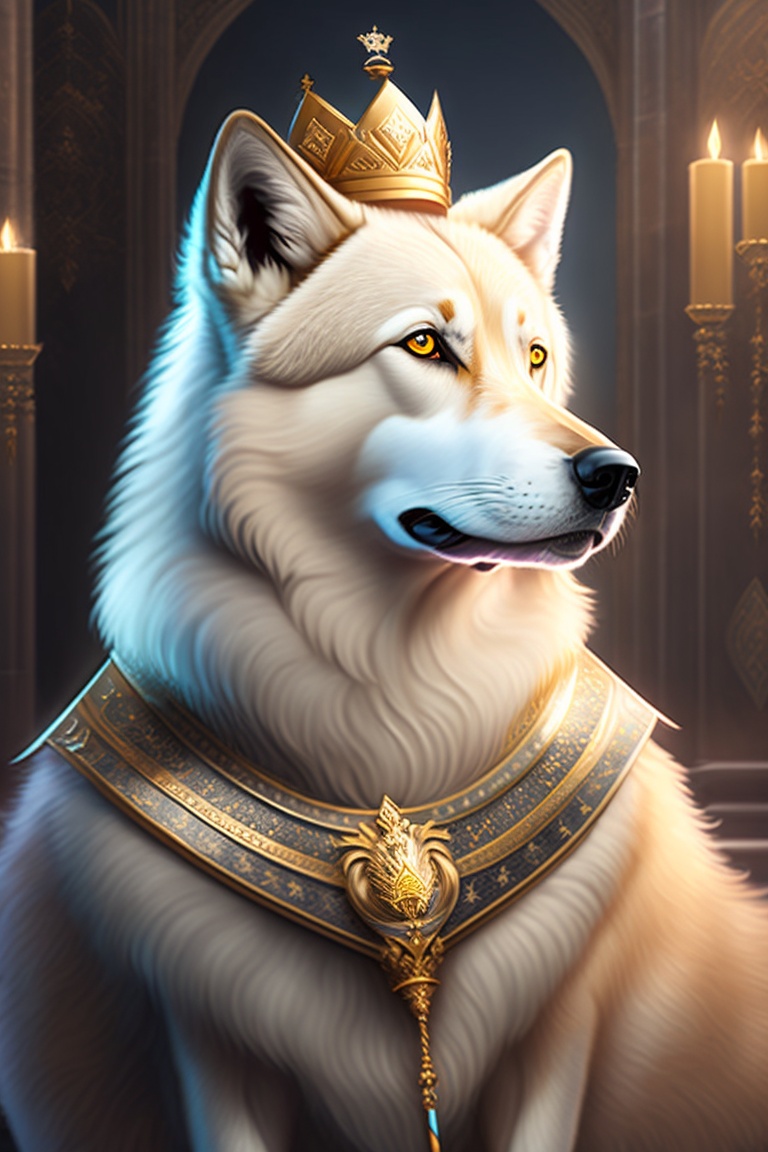 Lexica - A white wolf wearing a golden crown, holding a scepter in a ...