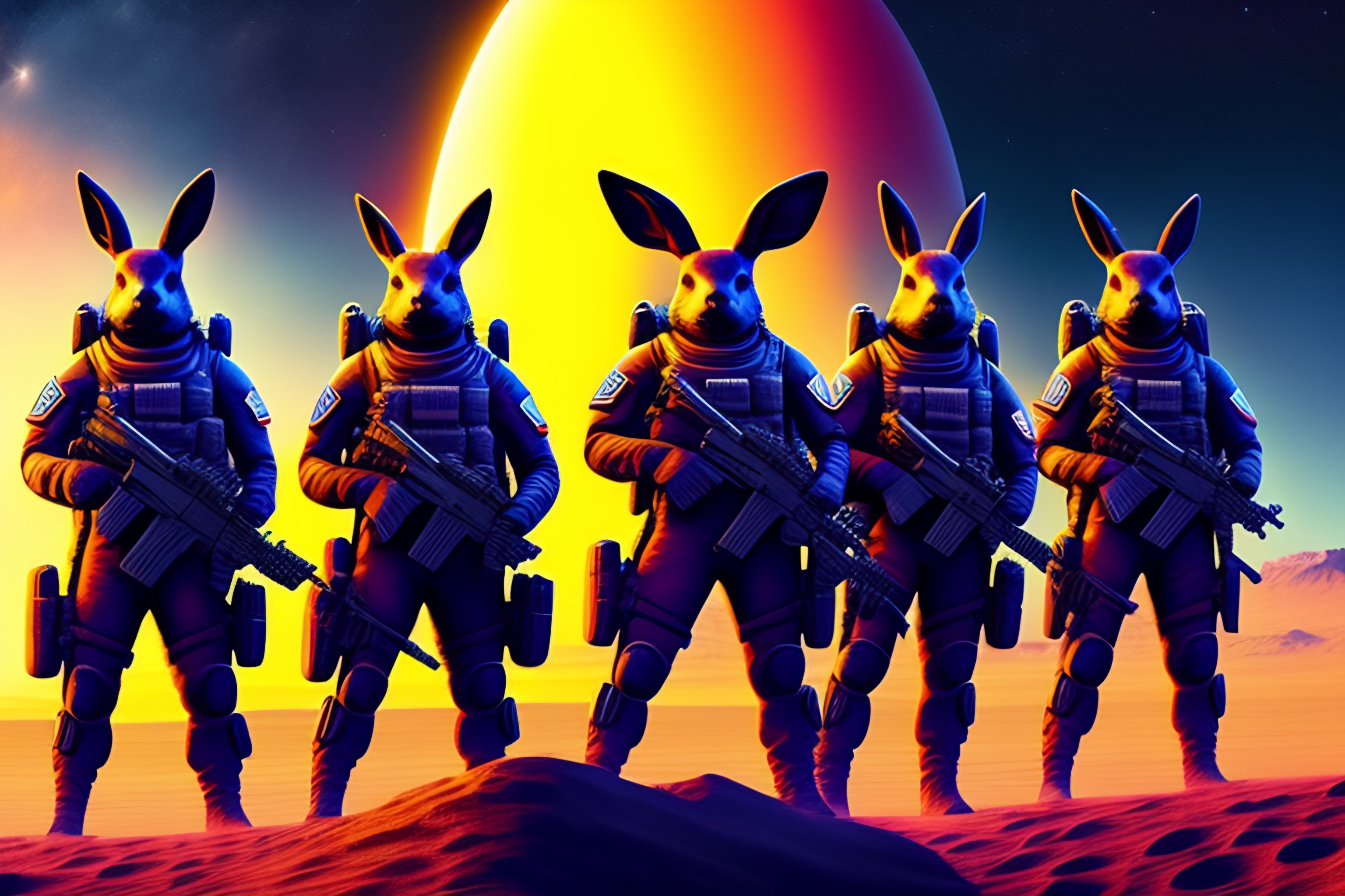 Lexica - Five neon rabbits from the special forces unit, dressed in ...