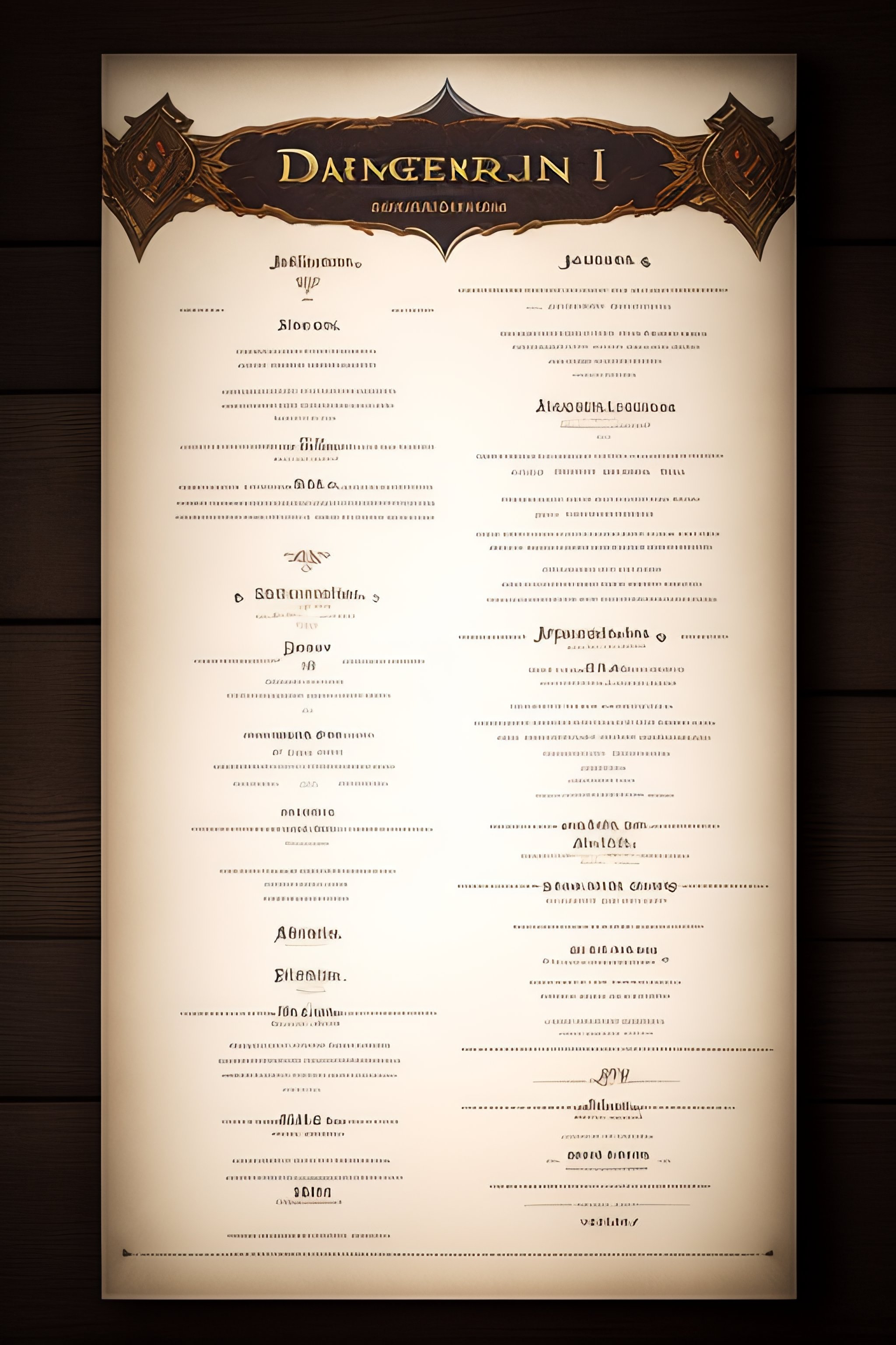 Lexica - A dungeons dragons' menu on a paper sheet with embellishments ...