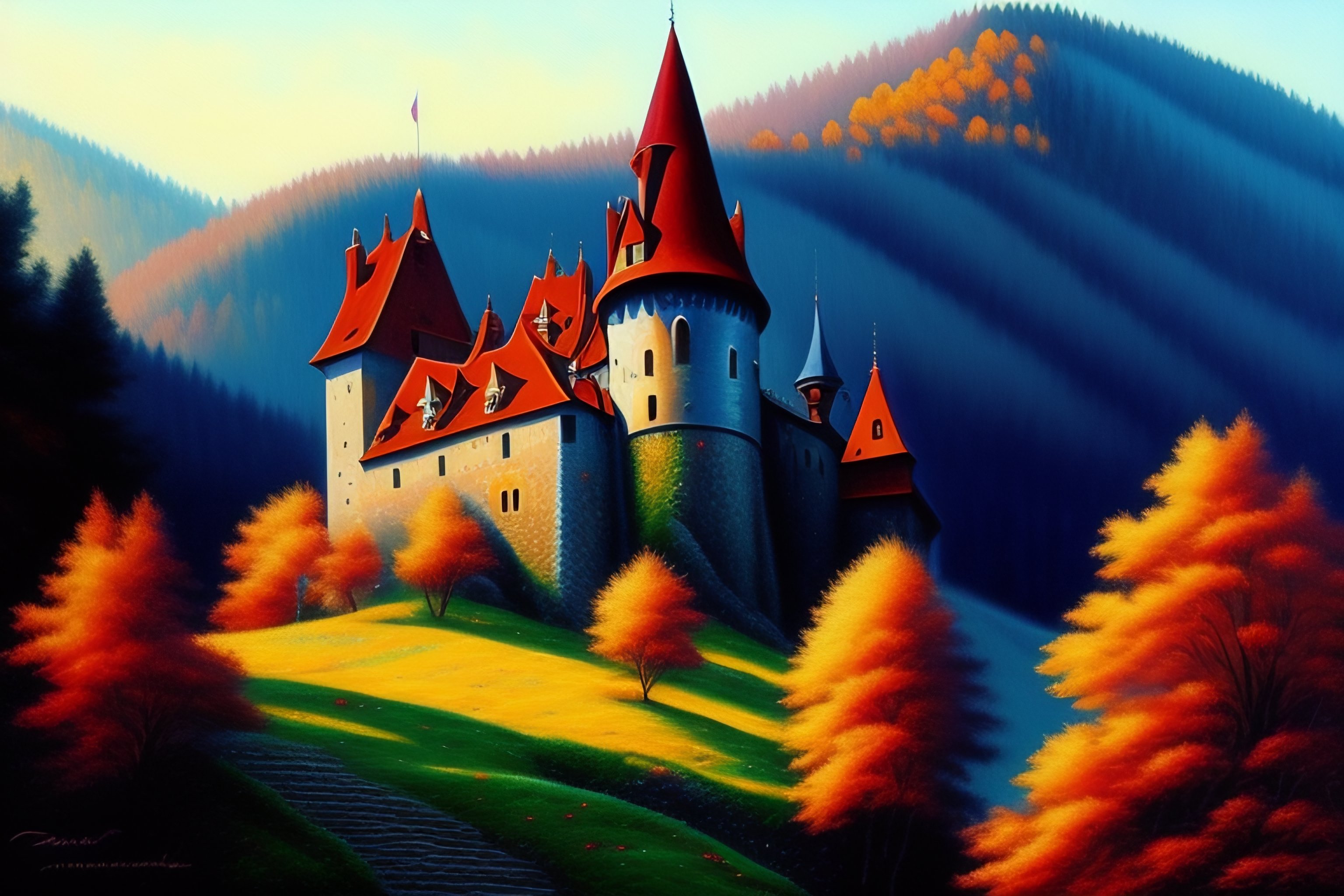 Lexica - Painting of a castle in transylvania, pointilist