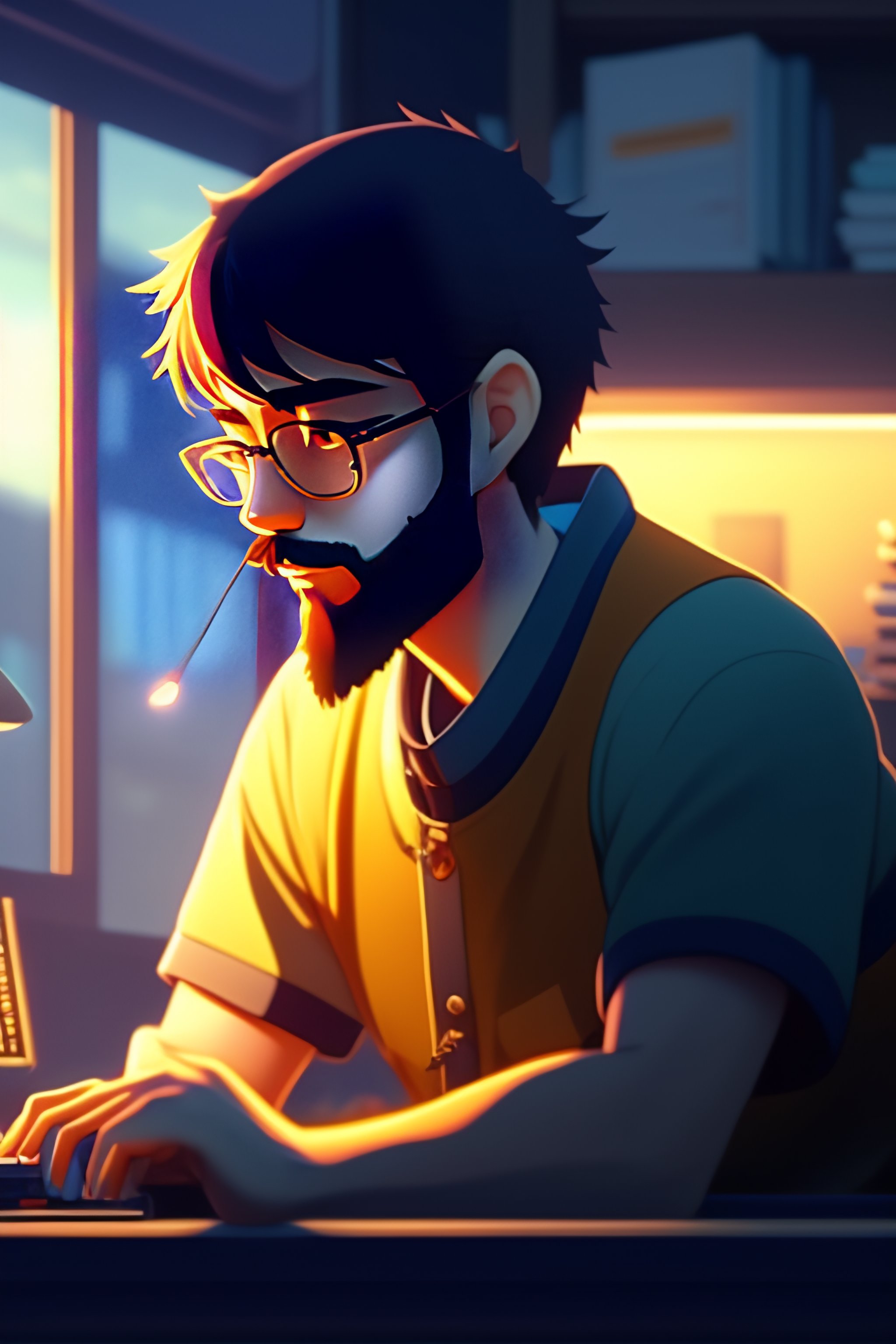 Lexica - A nerdy boy with beard is programming at a computer in a room ...