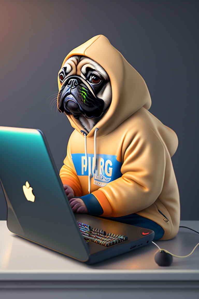Lexica - A pug gamer in a hoodie, sitting by a trading computer ...