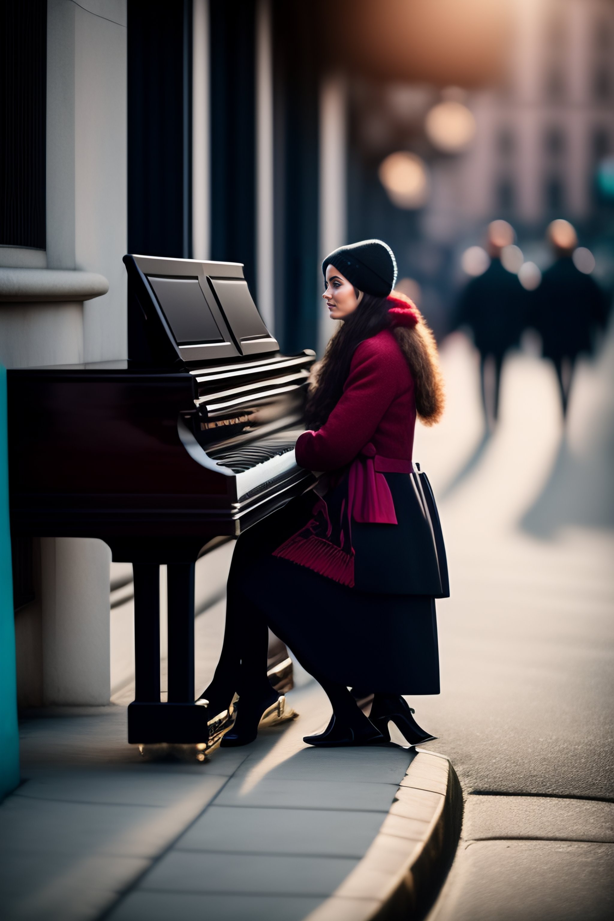Lexica - Young woman piano player in the street, natural light, one ...