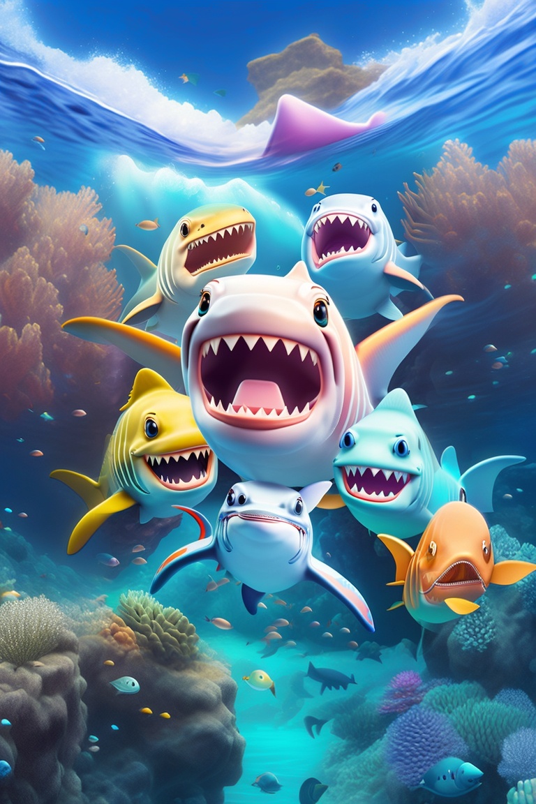 Lexica - A group of smiling sharks in a selfie taken in the ocean at a ...
