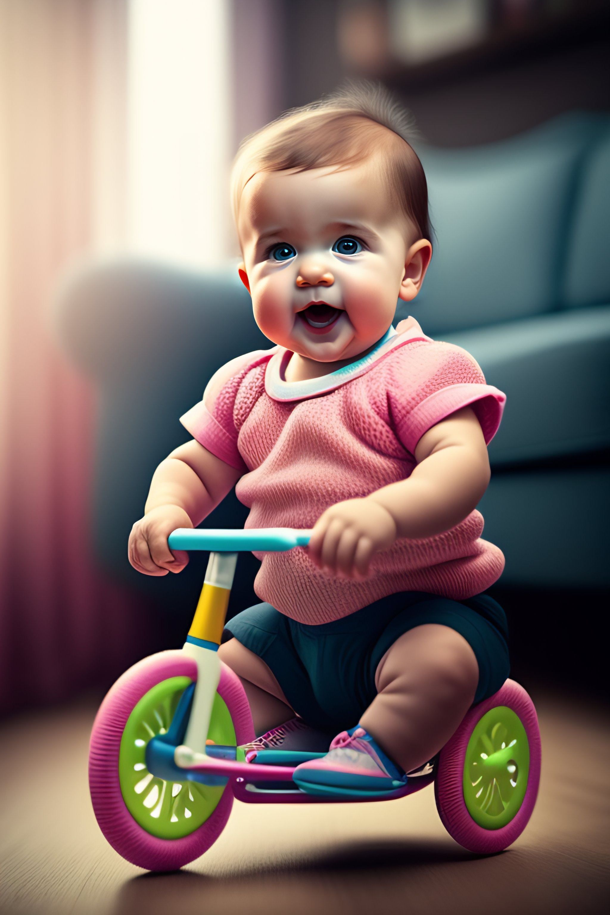 Lexica - A baby sitting on a tricycle in a living room, a stock photo ...