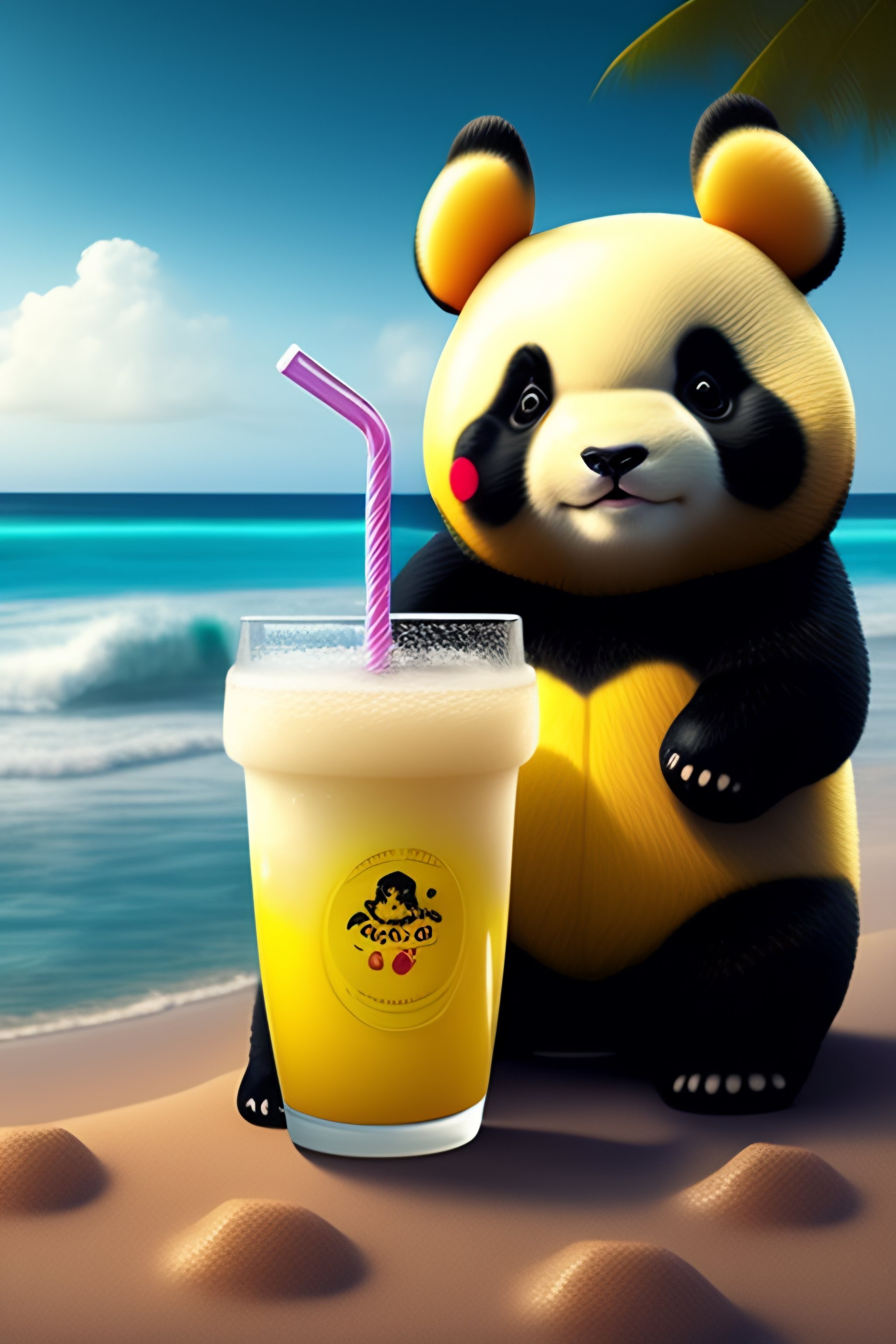 Lexica - Pikachu drinking bubble tea with a cute giant panda on a beach ...