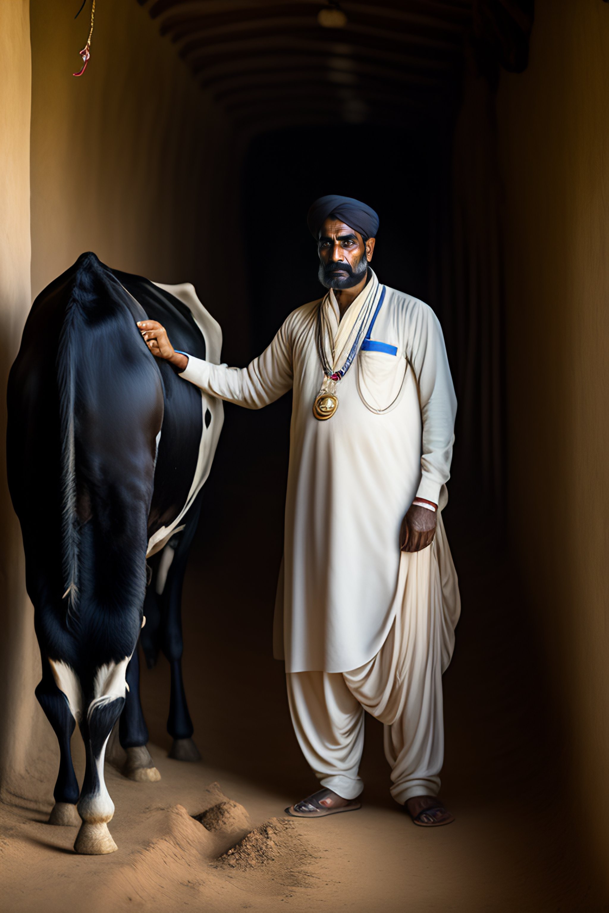 Lexica - Portrait of a Pakistani man in a farm milking a cow.
