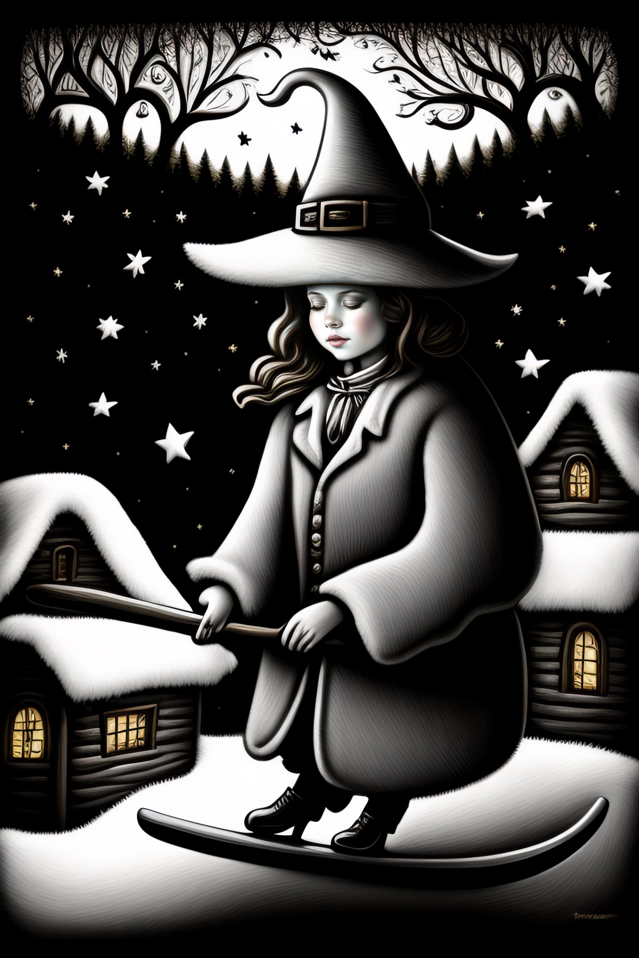 Lexica - A little tired witch in a hat sitting on a broomstick and ...