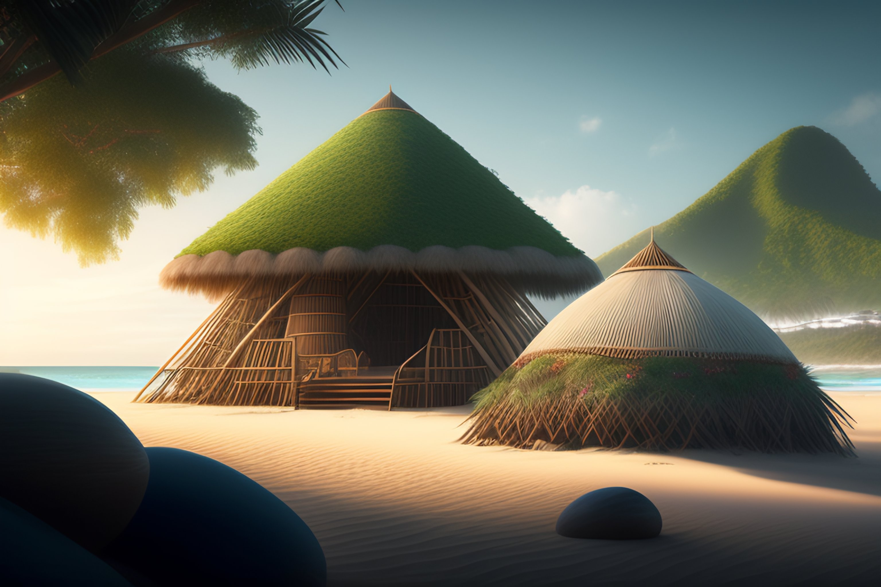 Lexica - Giant hut bamboo on tropical island beach yucca giant shells ...