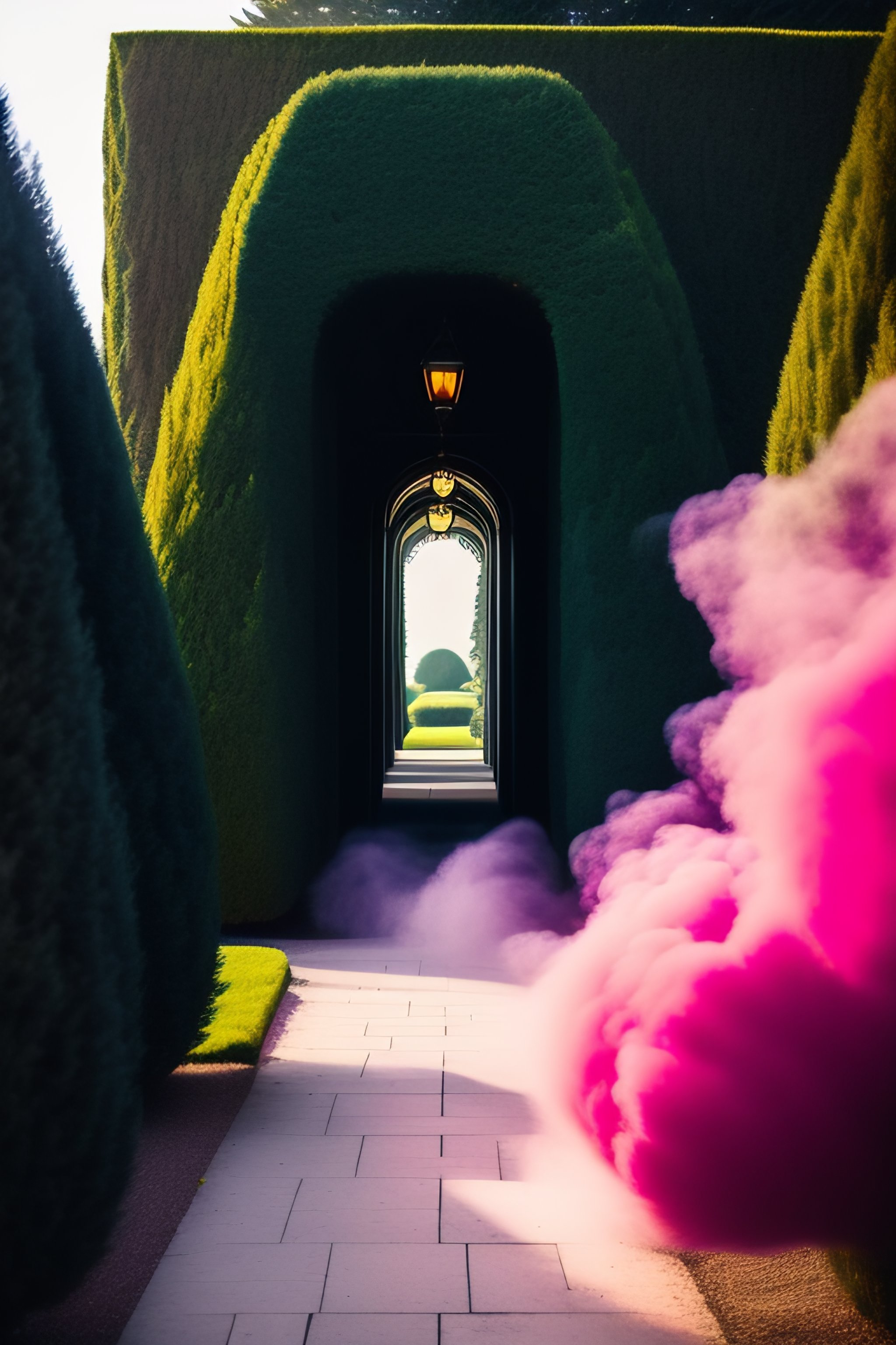 Lexica - Tall hedge maze, pink smoke, geometric, minimal, vintage, scary