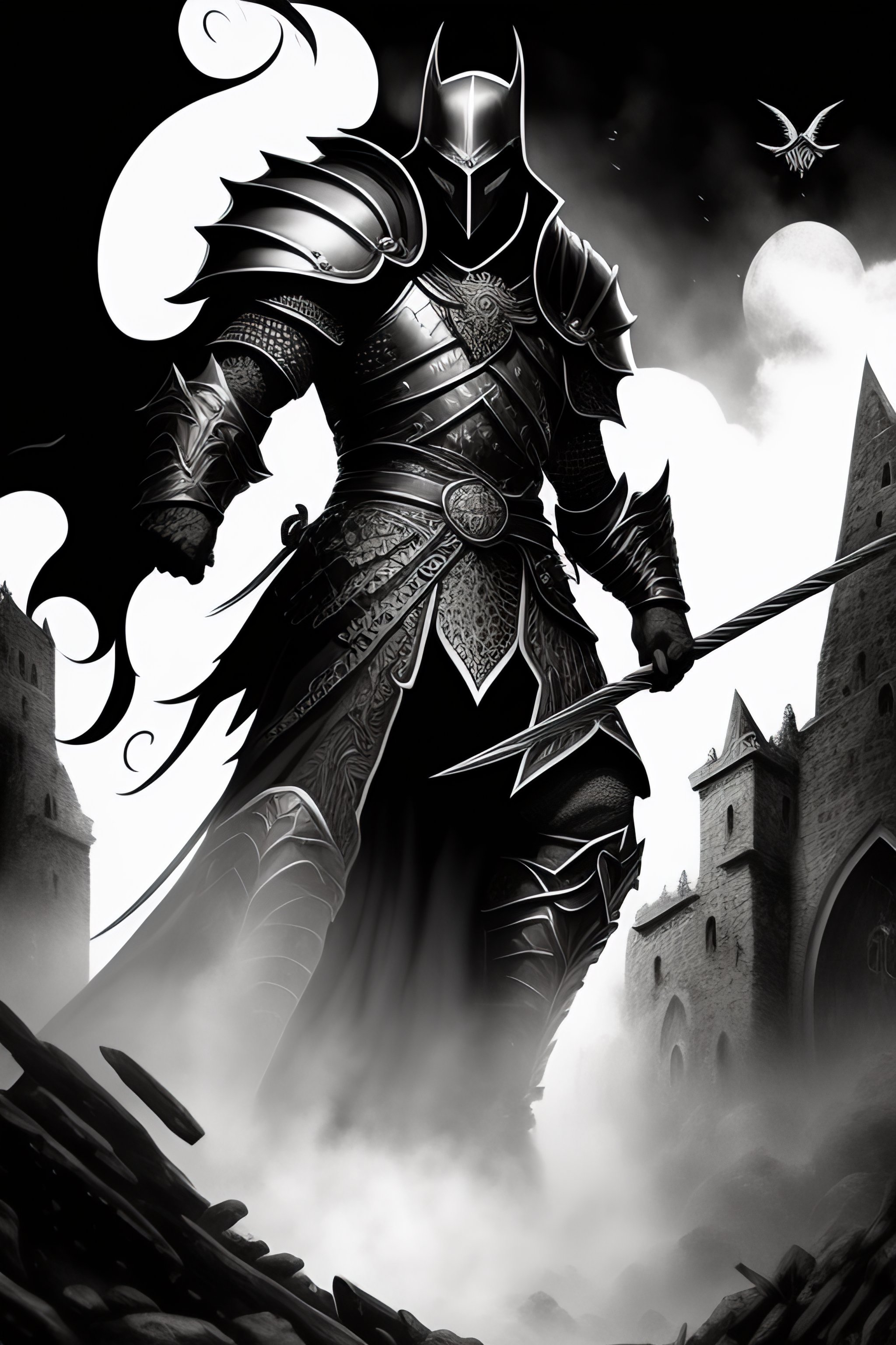 Lexica - Knight fighting zombies, fantasy, black and white ...