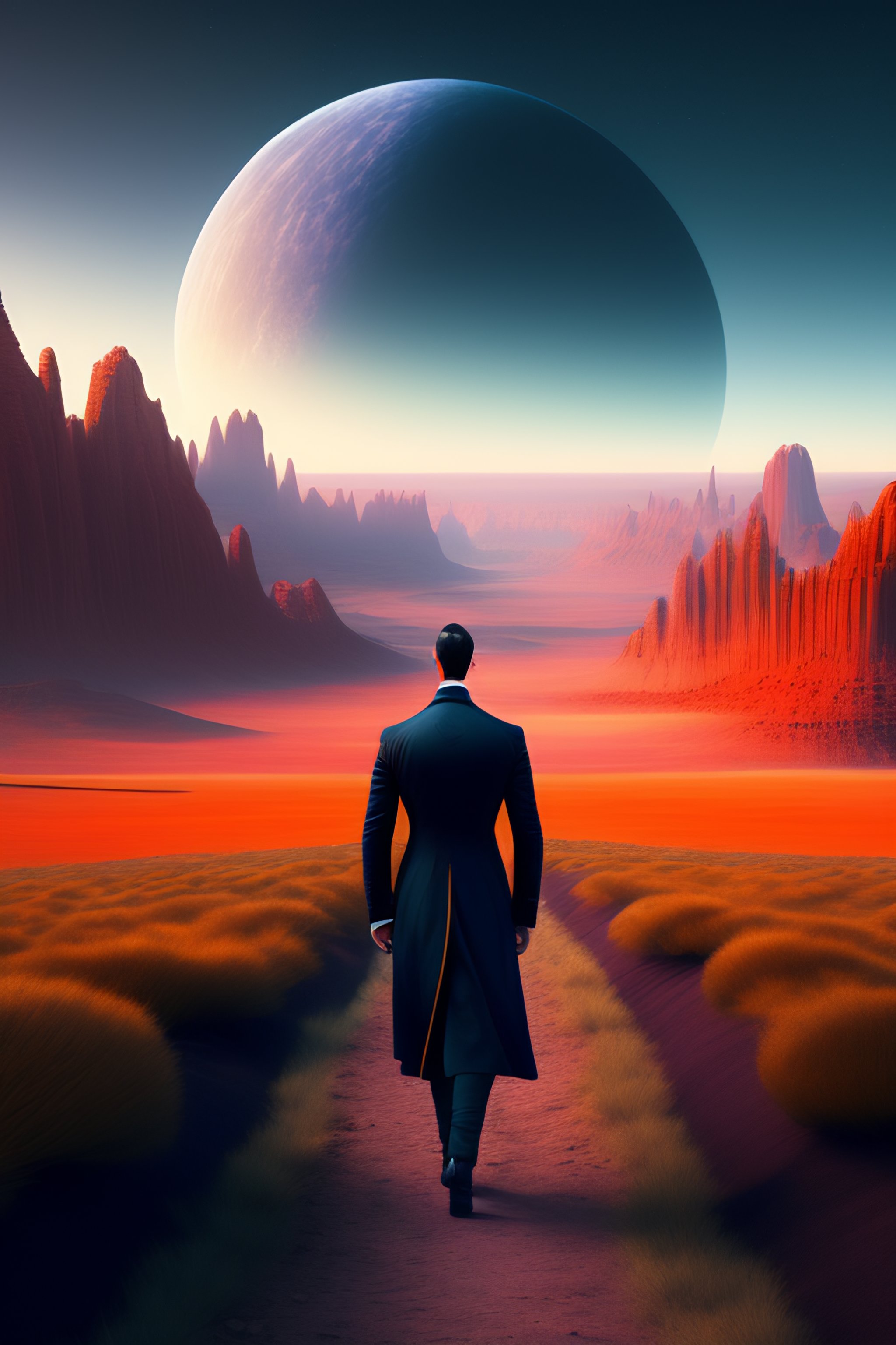 Lexica - Stunning landscape with a suited man standing in the distance ...