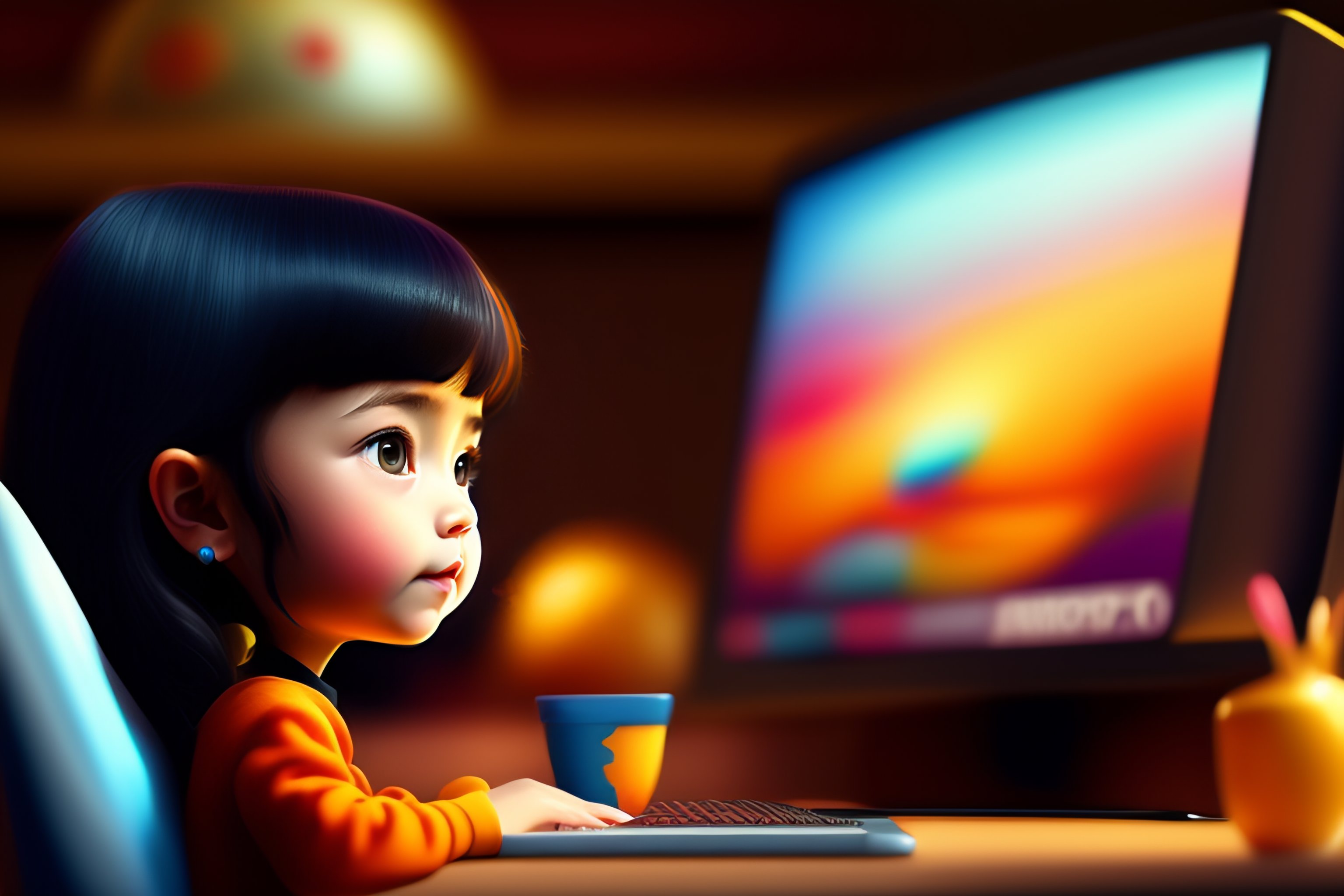 Lexica - Pixar art small girl of European appearance plays computer games