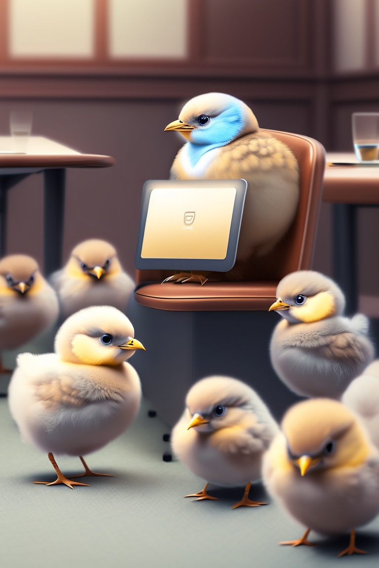 Lexica - A chick, dressed in a suit, is in a meeting room, sitting on a ...