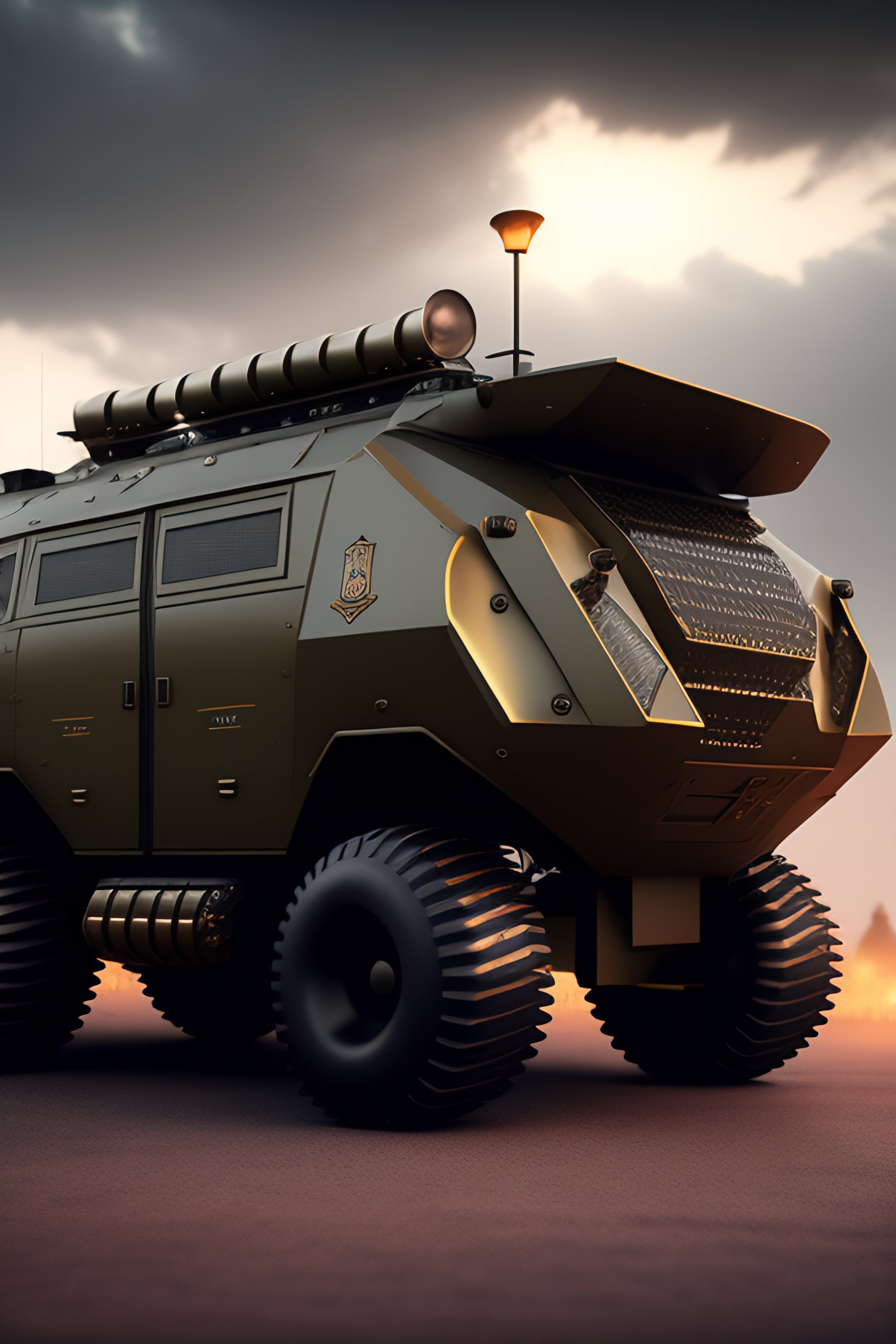 Lexica - Armoured car with big tyres, centred, night time, raining ...