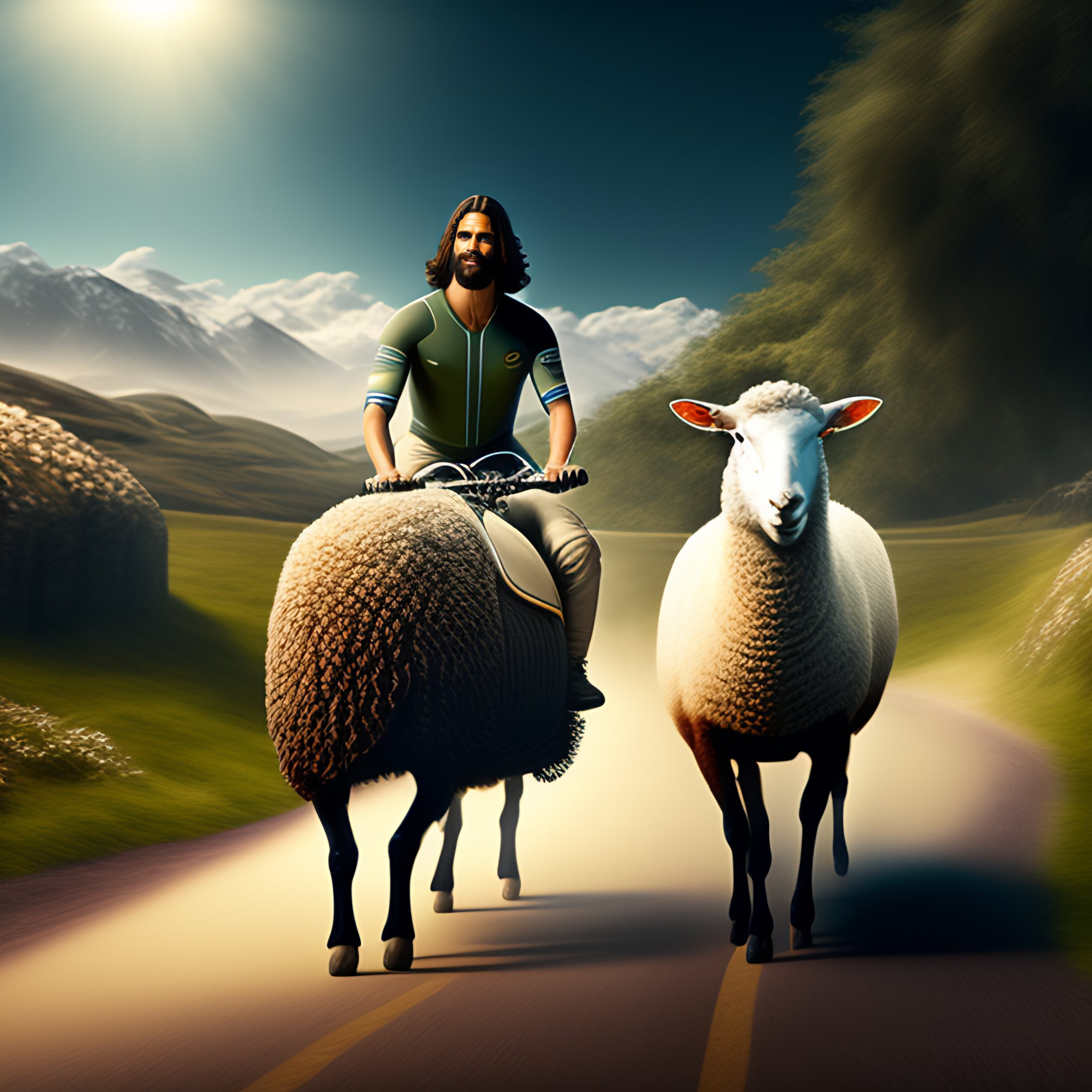 Lexica - Jesus christ riding a racing bike with a sheep, 4k, realistic