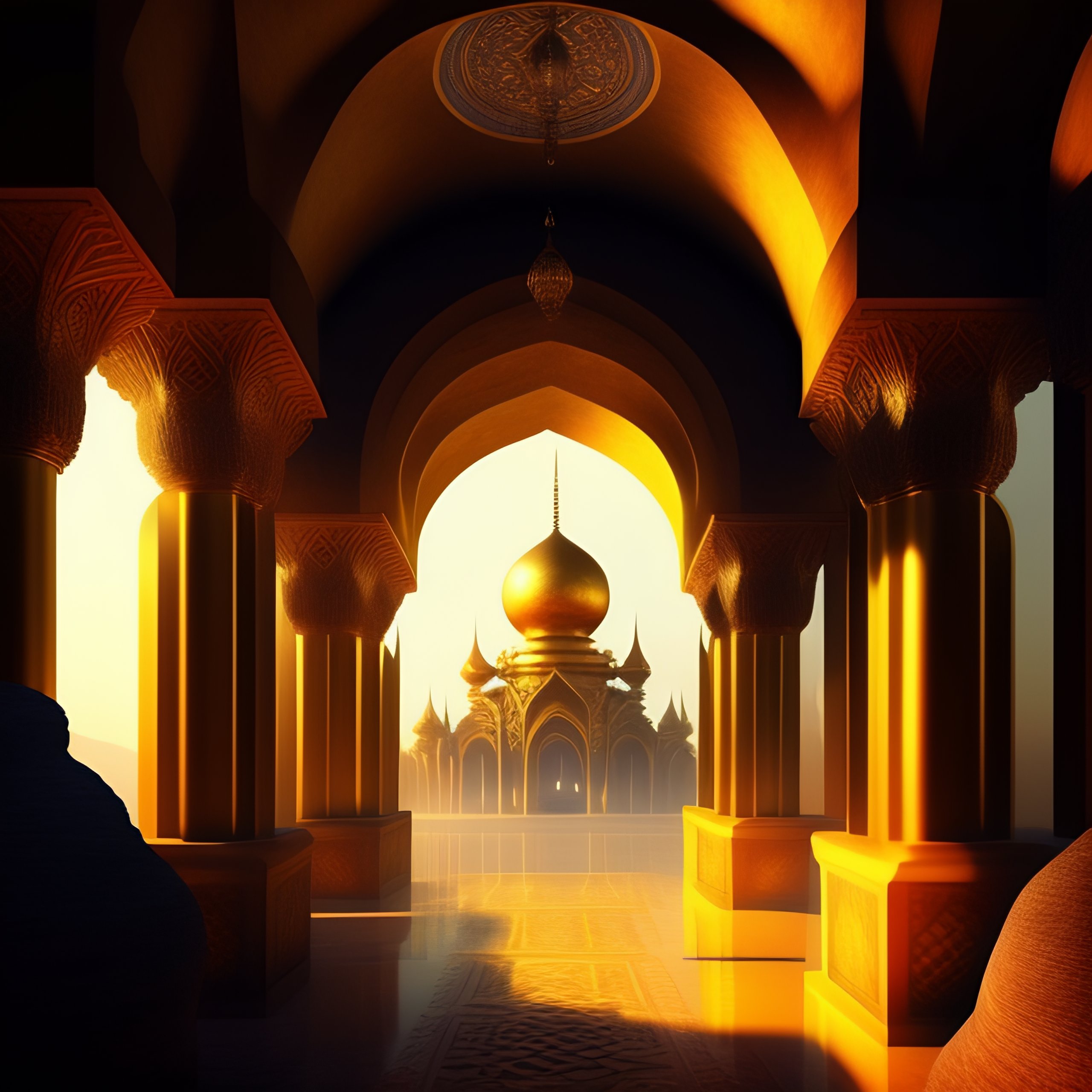 Lexica - Infinite golden city sunken under the sand, in a cave, arabic temples and towers coming ...