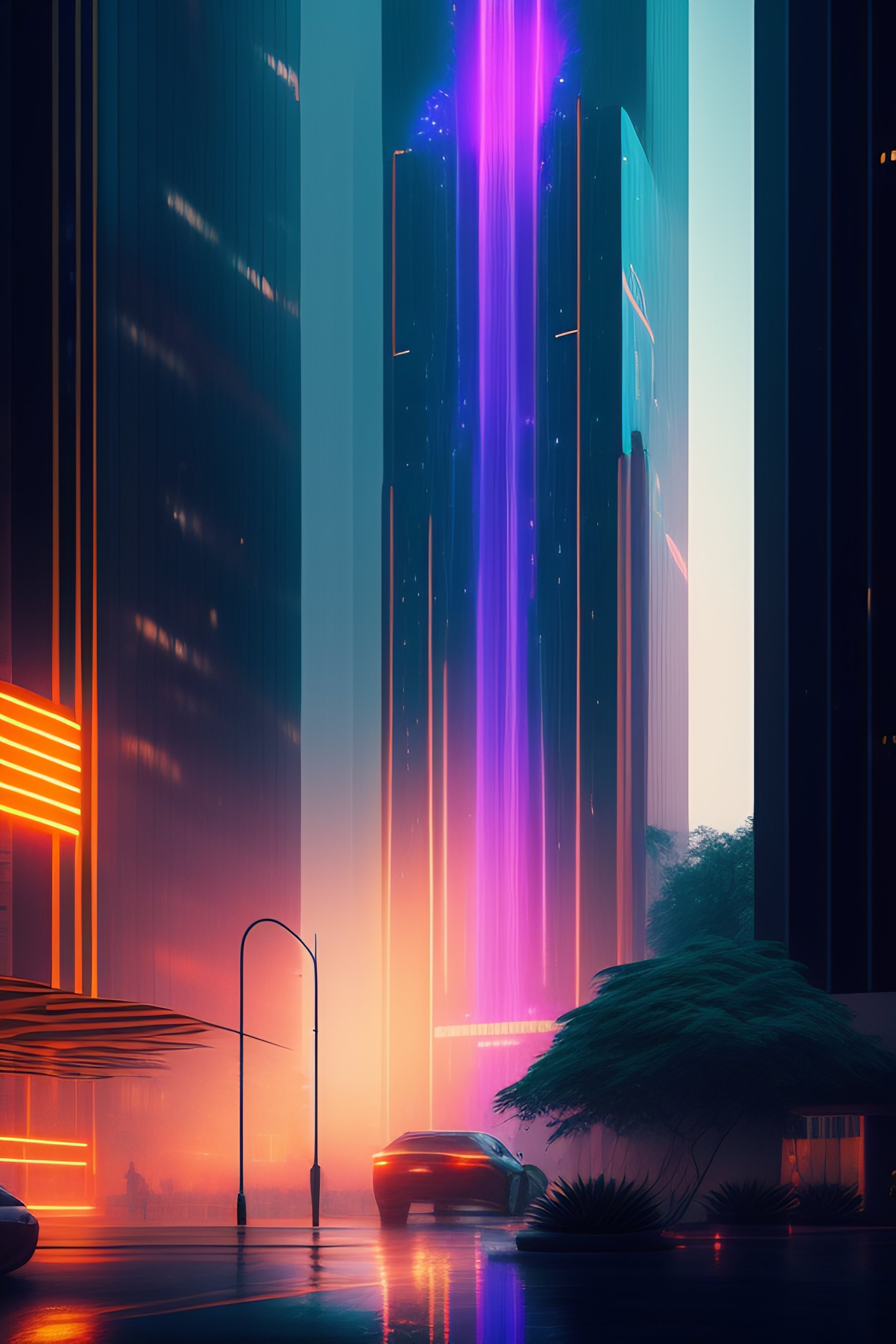 Lexica - Slow shutter speed photo of a cyberpunk city, tree, water ...