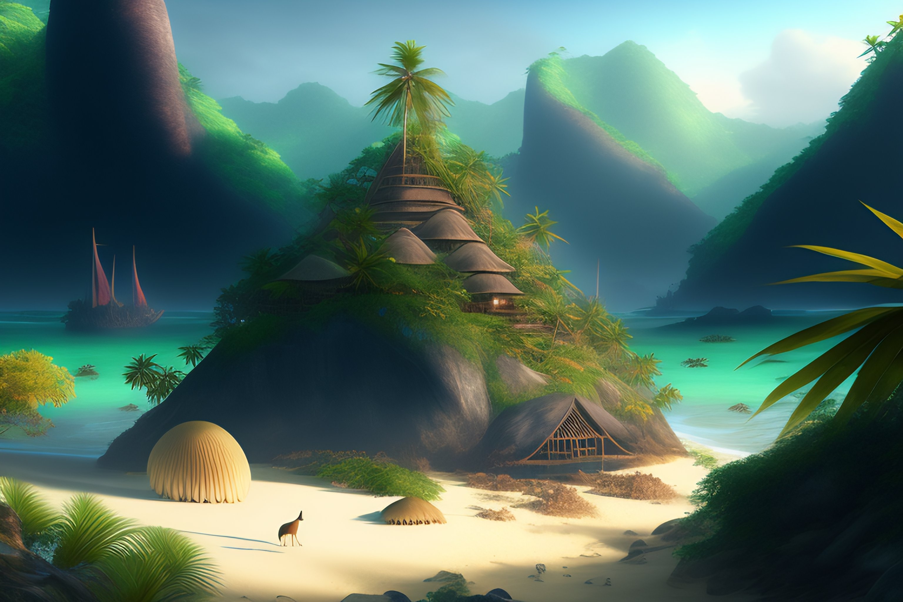 Lexica - Giant elven amerindian hut bamboo on tropical island beach ...