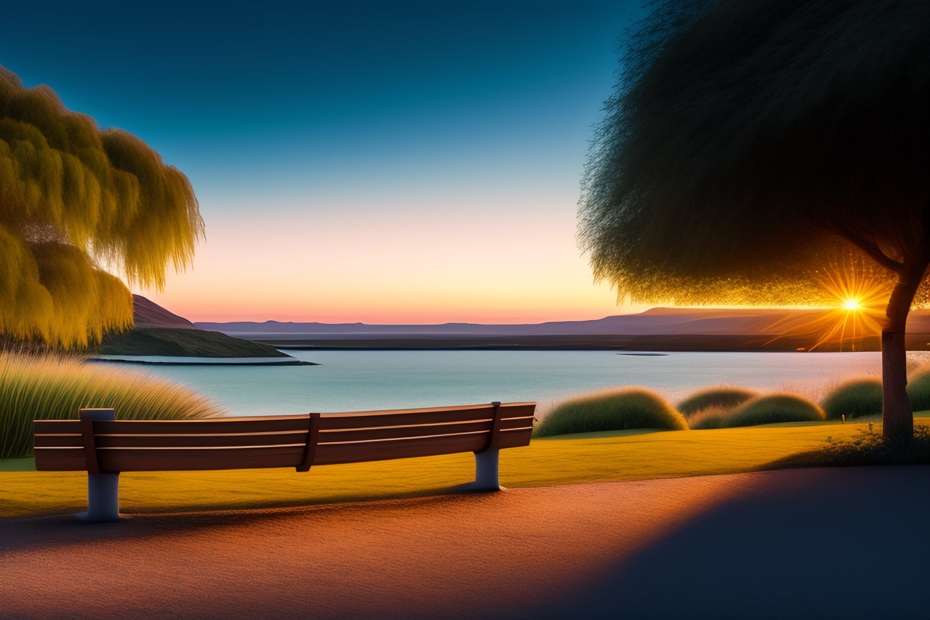 Lexica - Peaceful bench a beautiful landscape in front of it at sunset ...