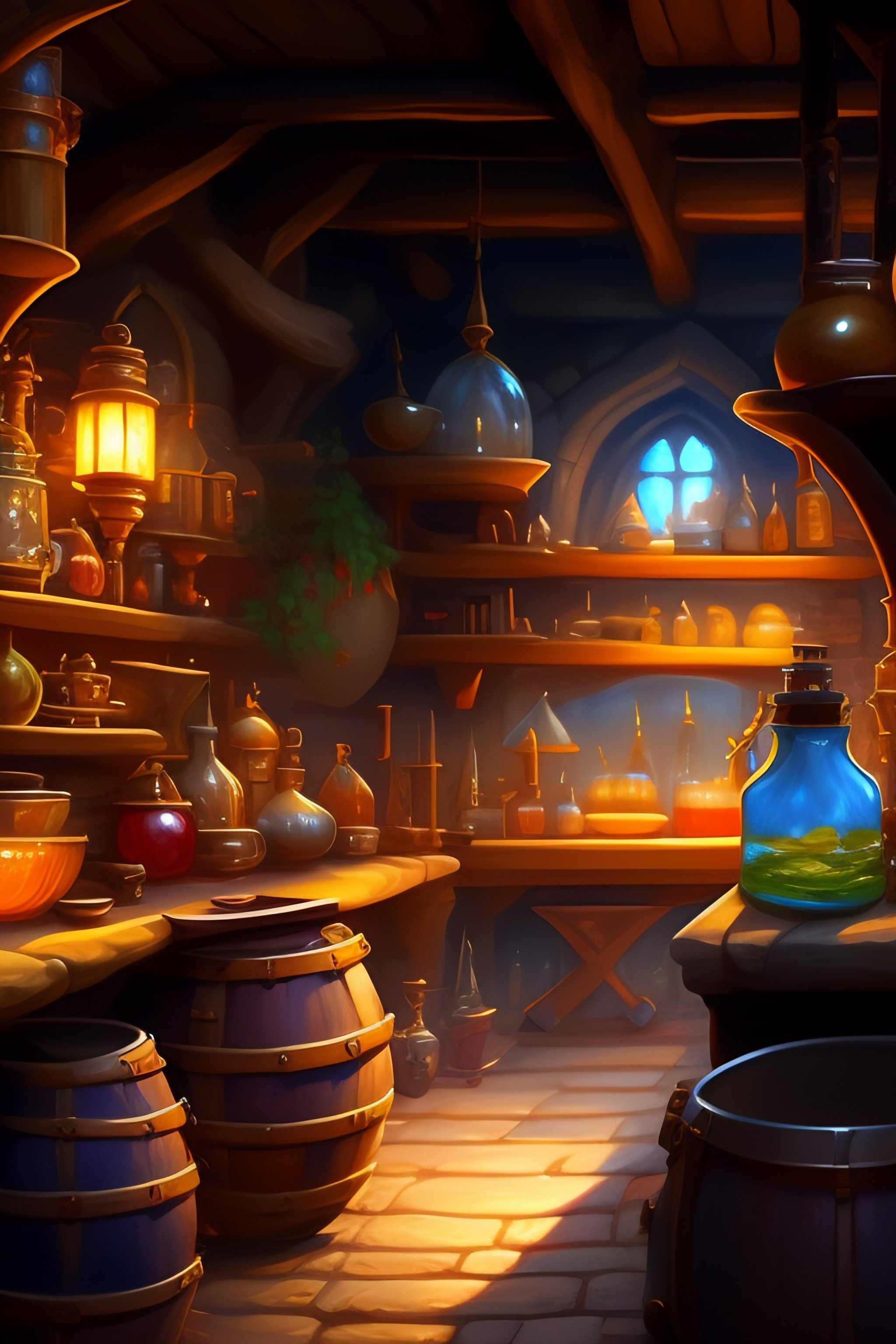 Lexica - Surreal painting of a cluttered fantasy medieval alchemist's ...