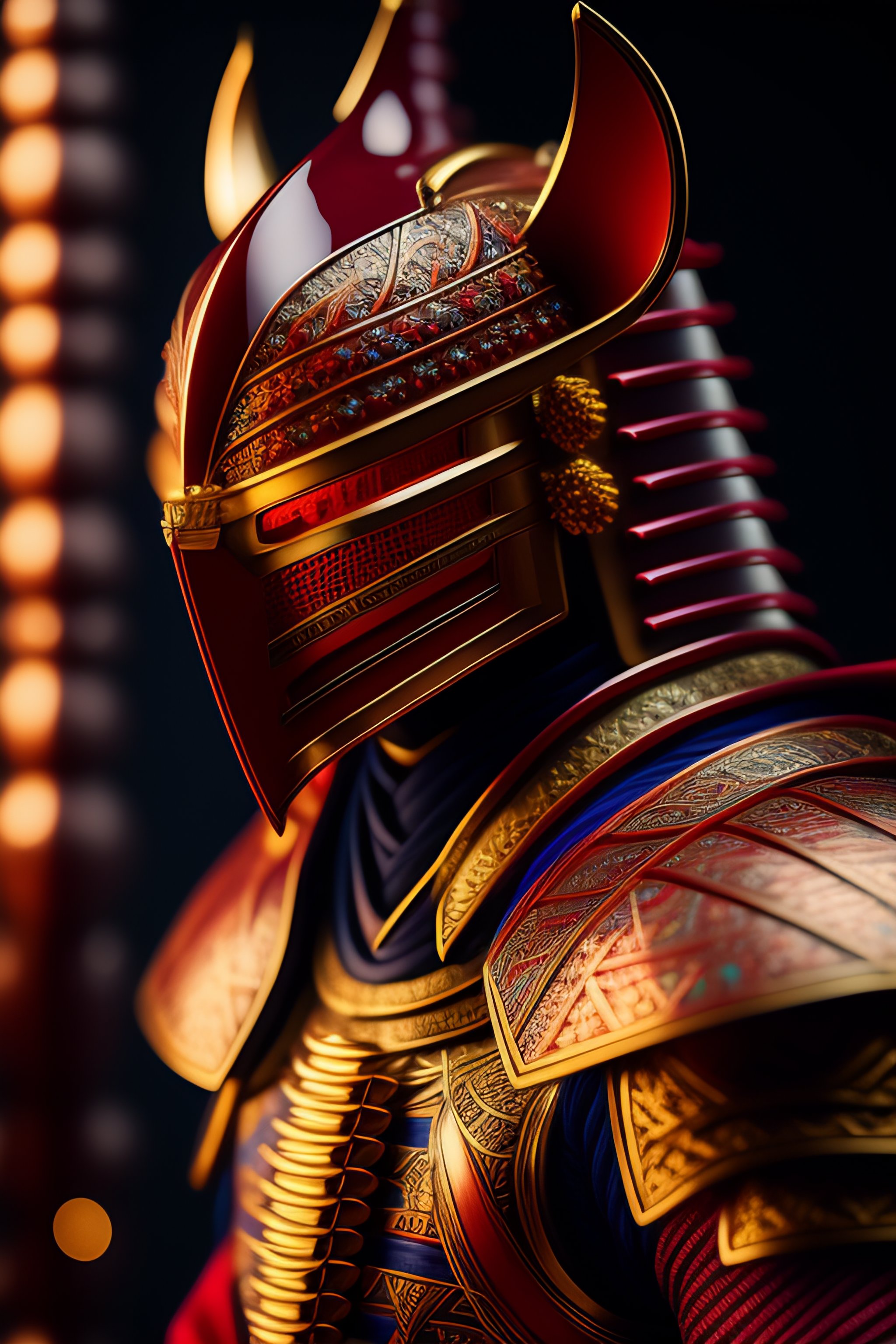 Lexica - Samurai armor, ornament mask, porcelain, wood, vivid colors ...