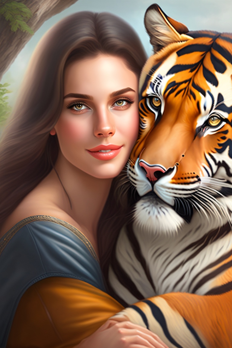 Lexica - A detailed portrait of a cute calm brunette woman hugging a ...