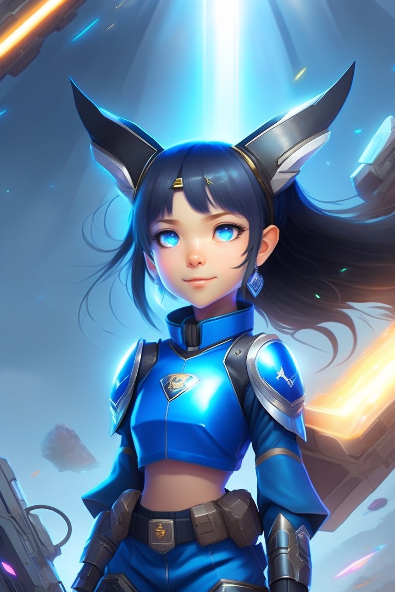 Lexica - Black and blue mecha, 11-year-old girl, elf ears, black hair ...