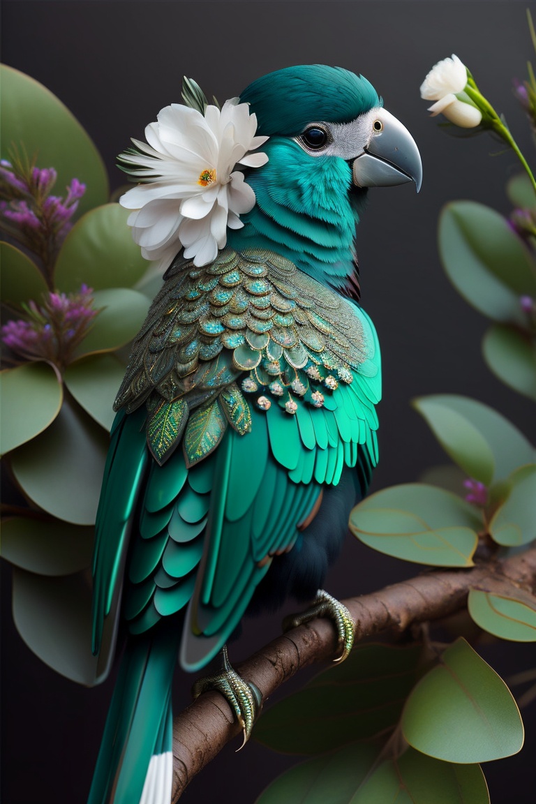 Lexica - Muted floral dusted shiny glimmering emerald teal grey bird ...