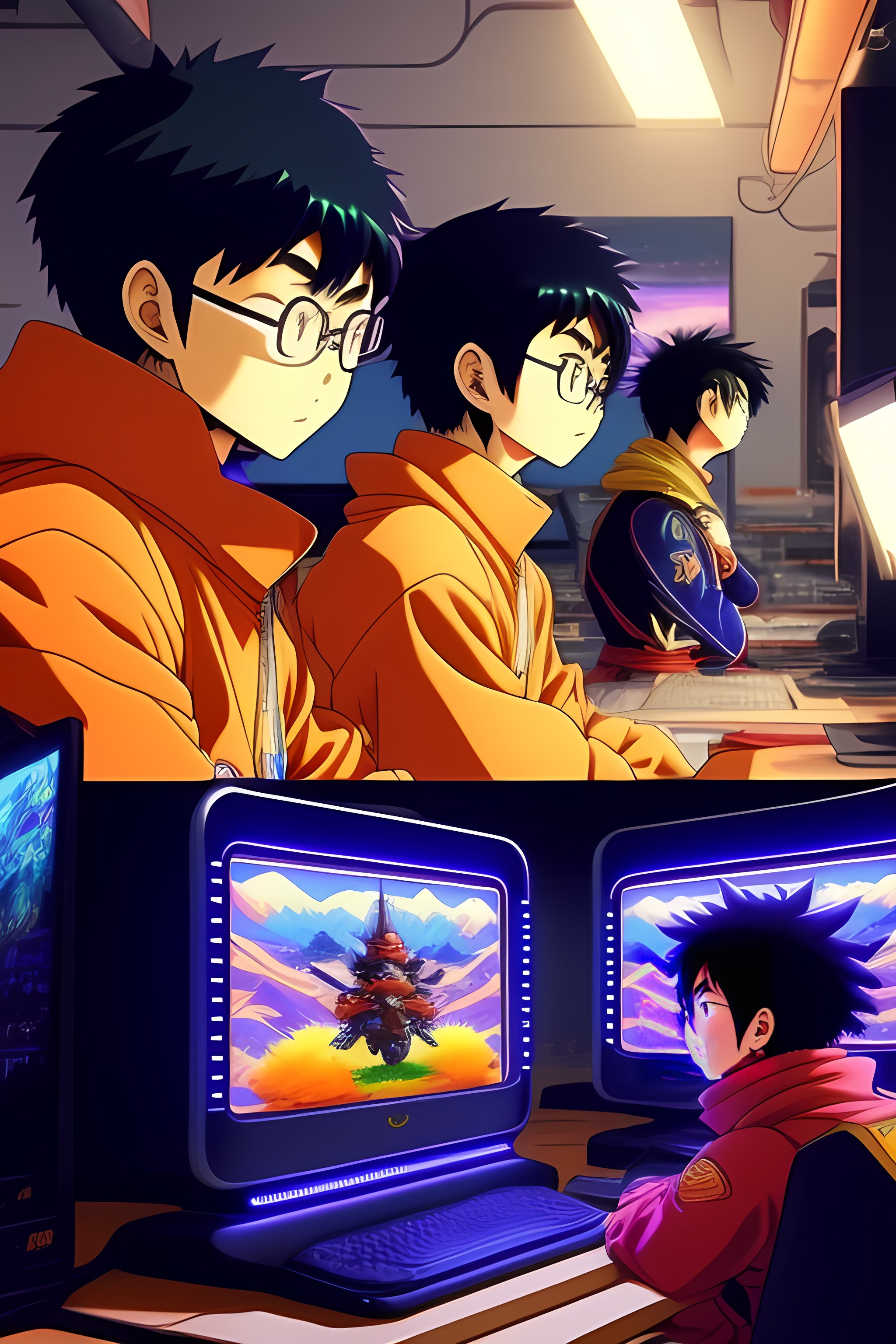 Lexica - Two Asian male gamers on a computer drawn in 90's anime ...