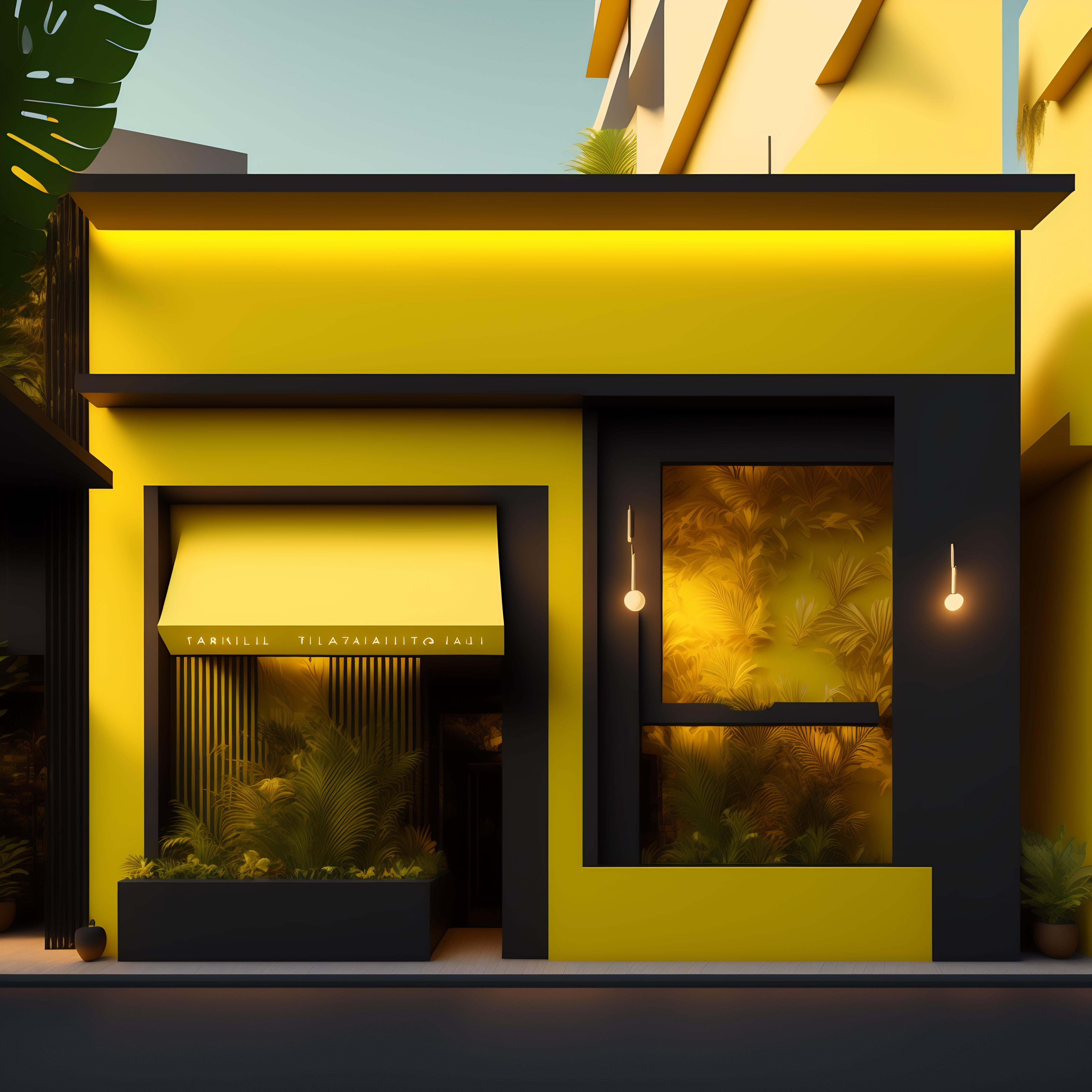 Lexica - A yellow gelato shop facade with tropical plants, minimalist ...