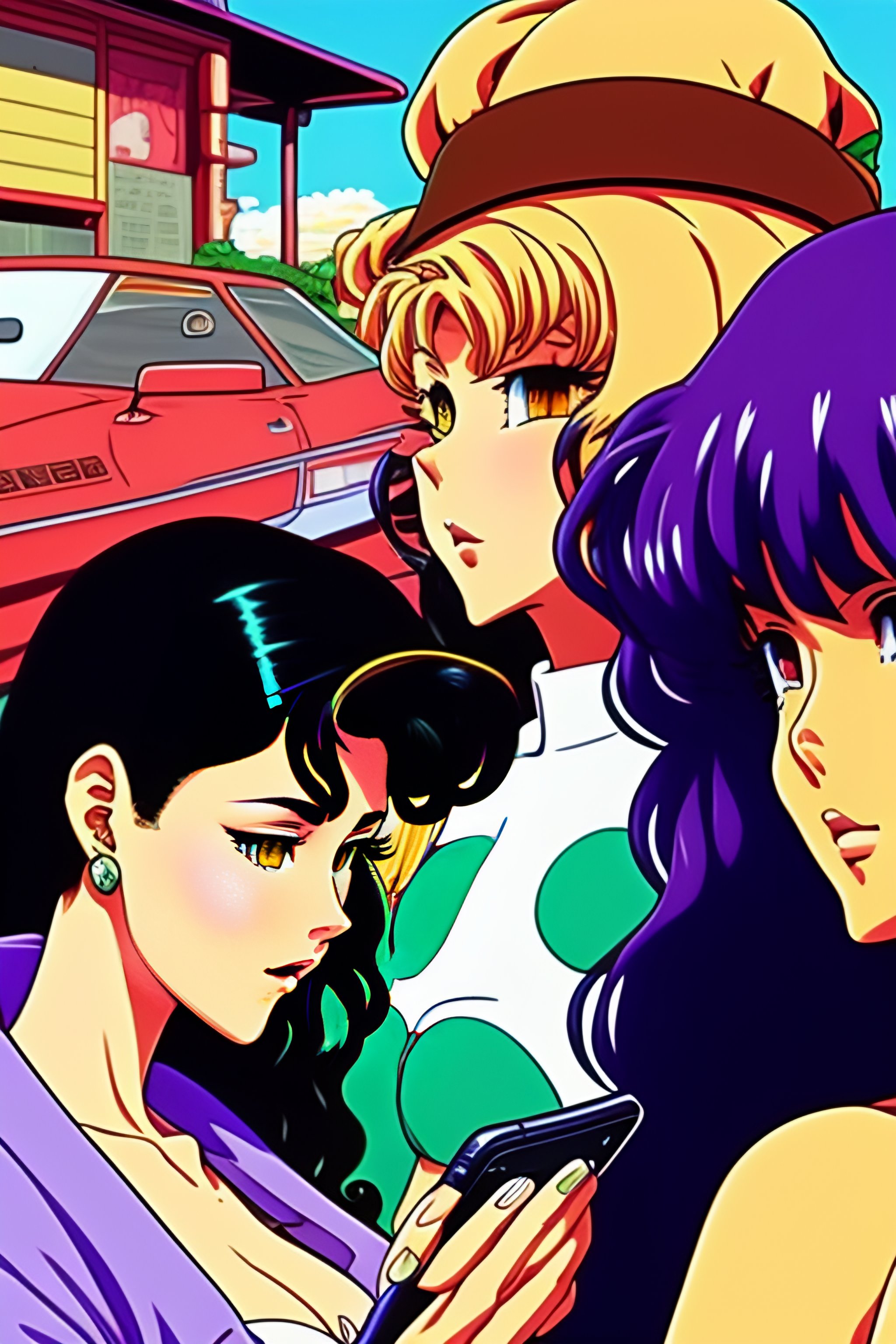 Lexica - Vintage 90's anime style. Woman bending down to pick up her phone