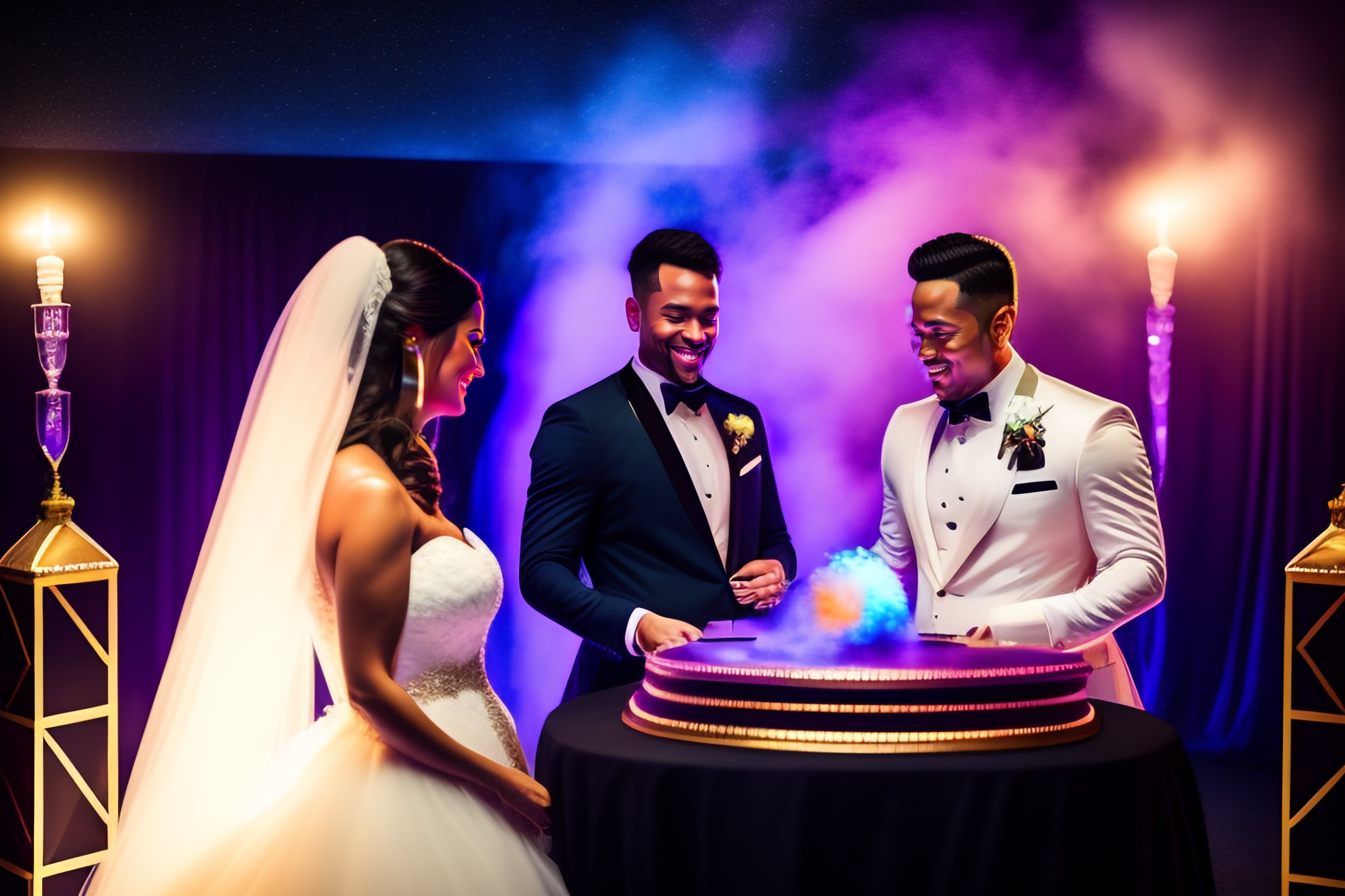 Lexica - A magician performs magic for brides, retrowave stage