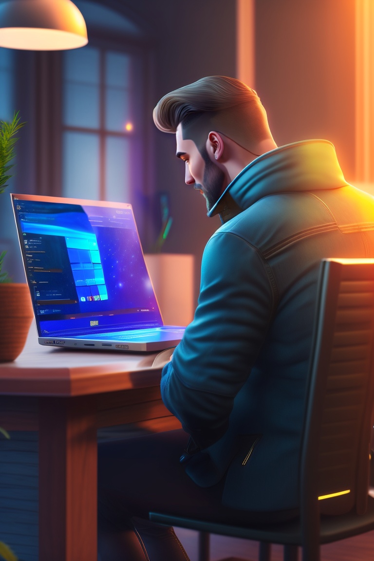 Lexica - A man sitting on the table in the room and coding in the laptop , realistic, ultra ...