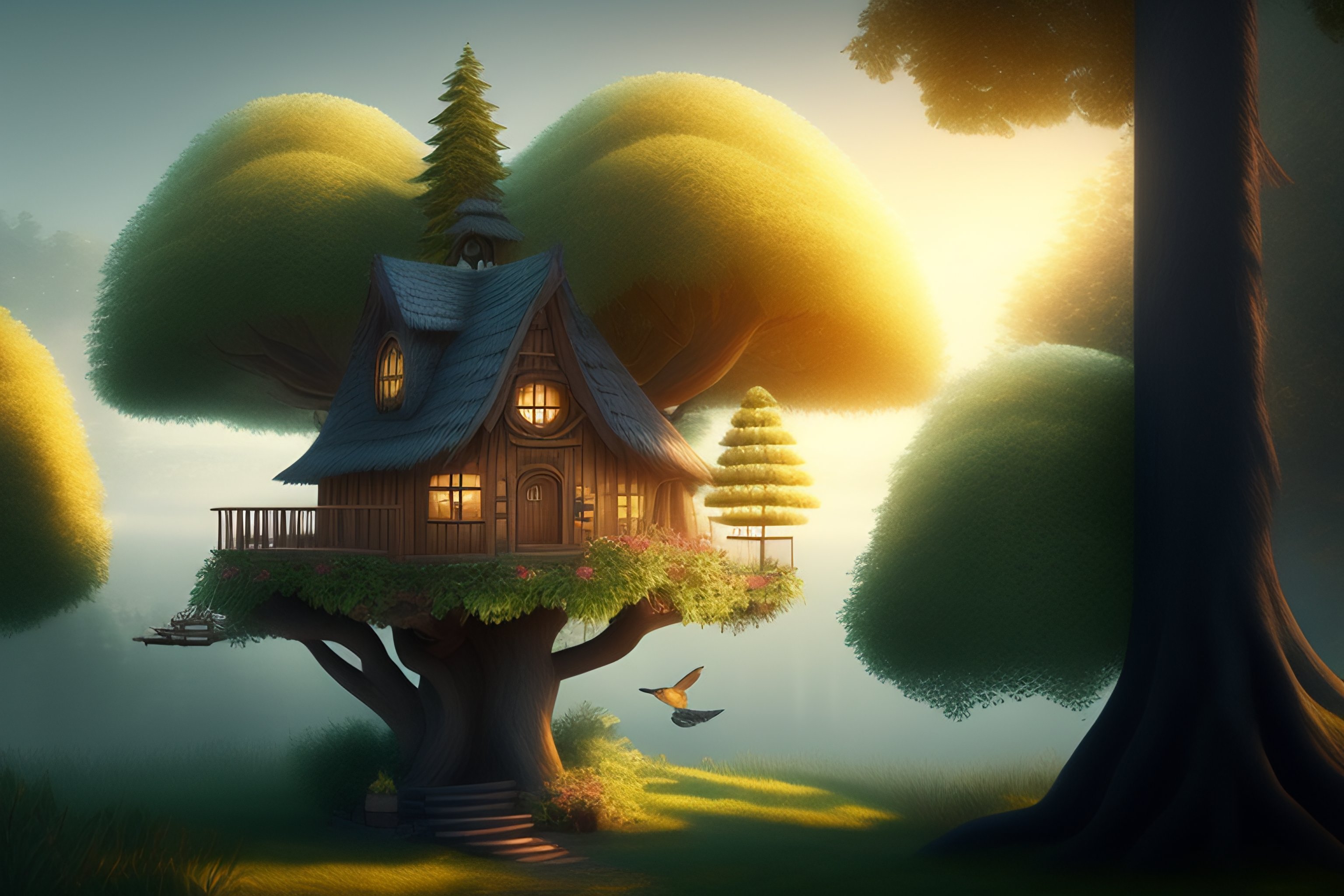 Lexica - Realistic tree house with birds
