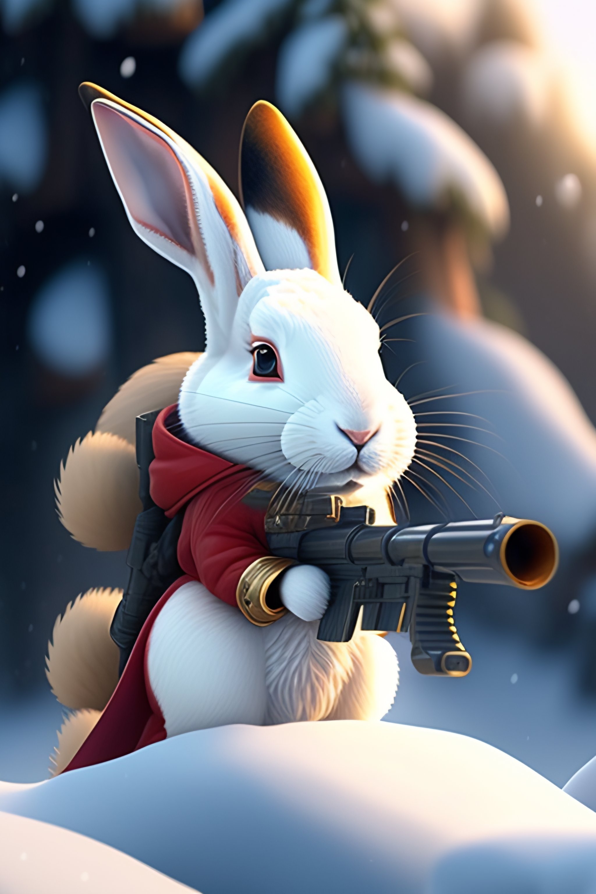 Lexica - A snow-white hare wielding a rocket-launcher from a video game.
