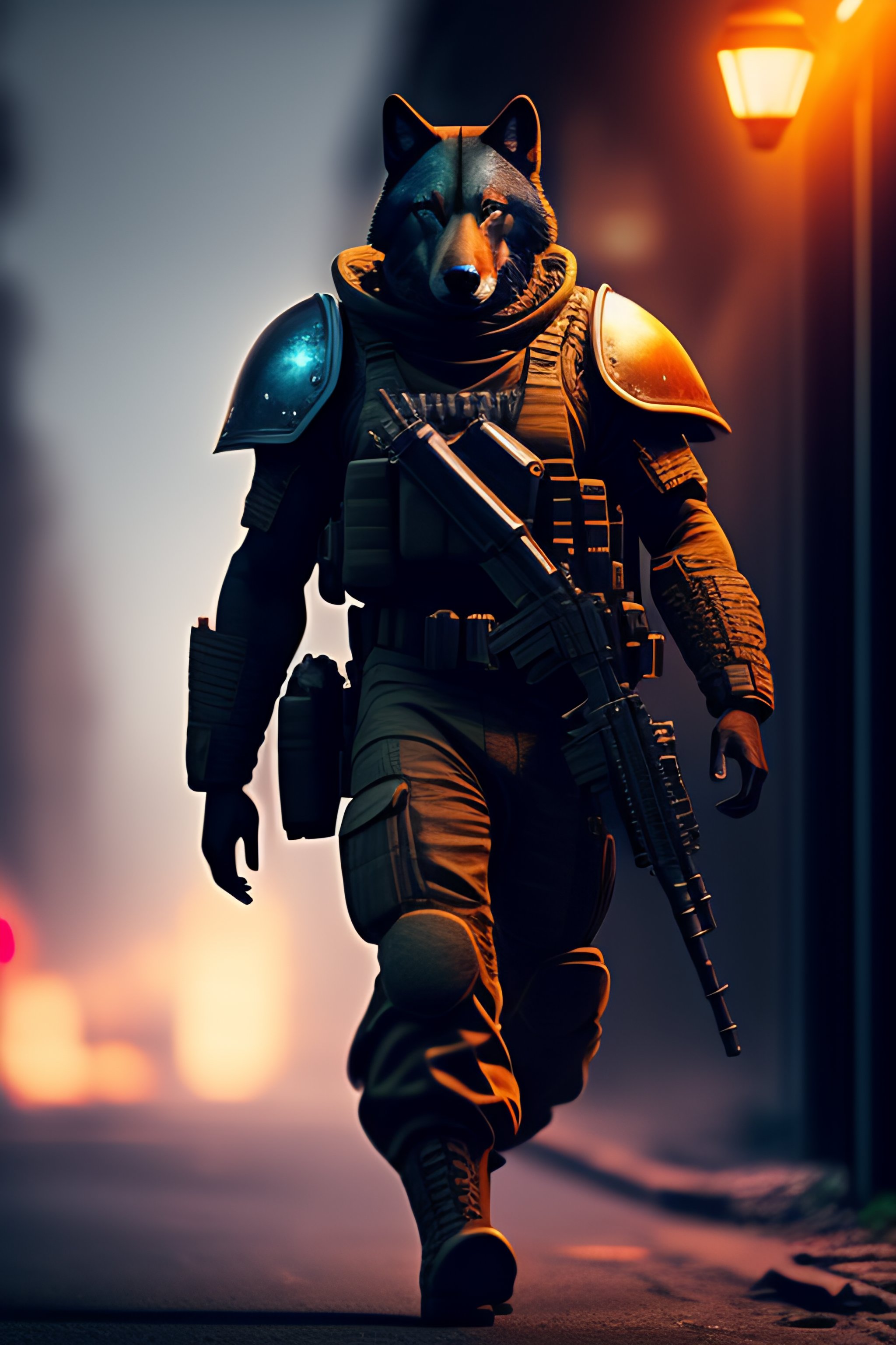 Lexica - A military alpha wolf with a machine gun walking with a double ...