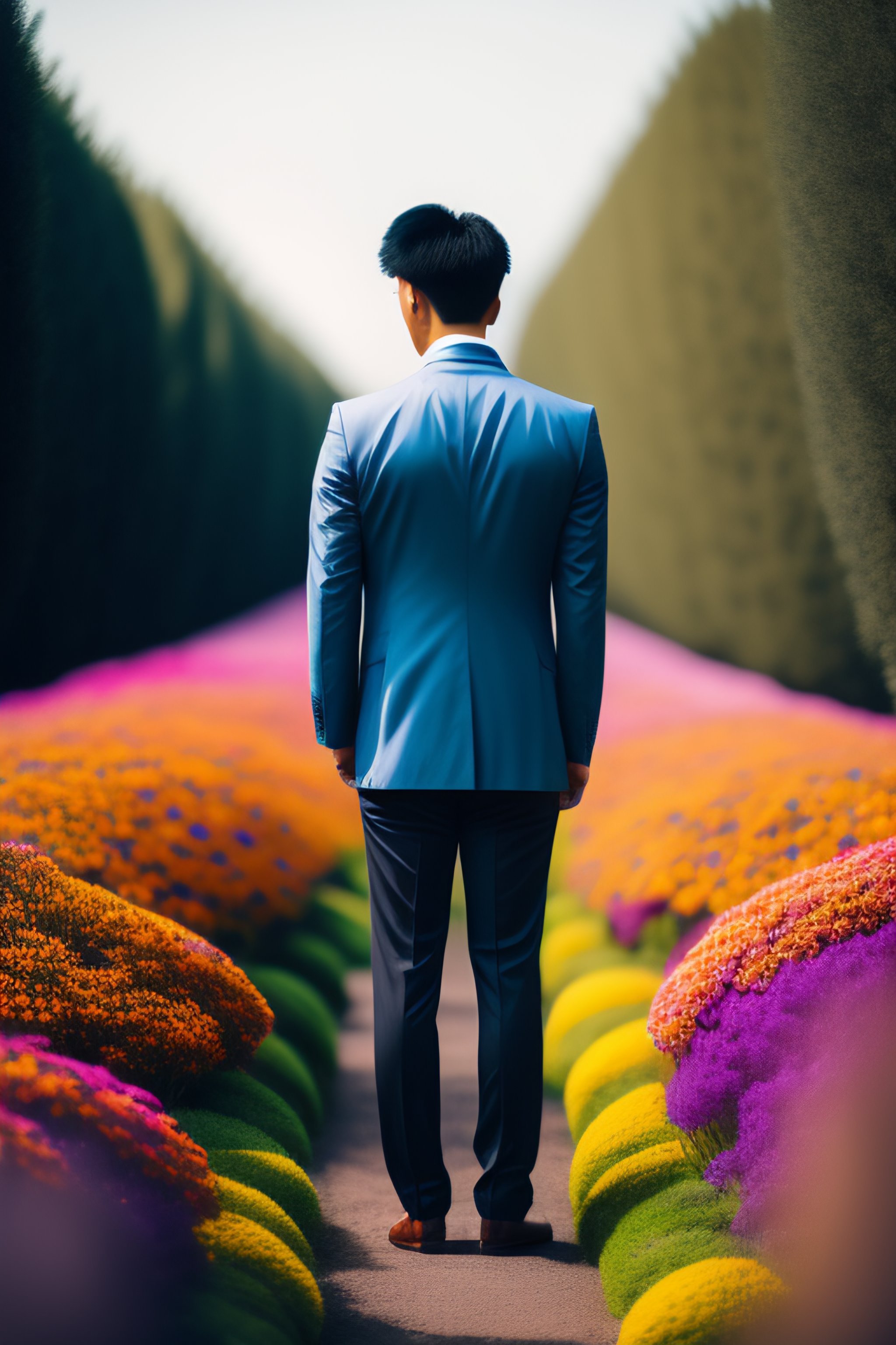 Lexica - A Japanese guy standing and showing us his back in field of ...