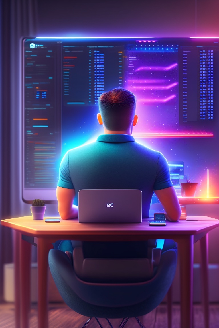 Lexica - A man sitting on the table in the room and coding in the laptop , realistic, ultra ...