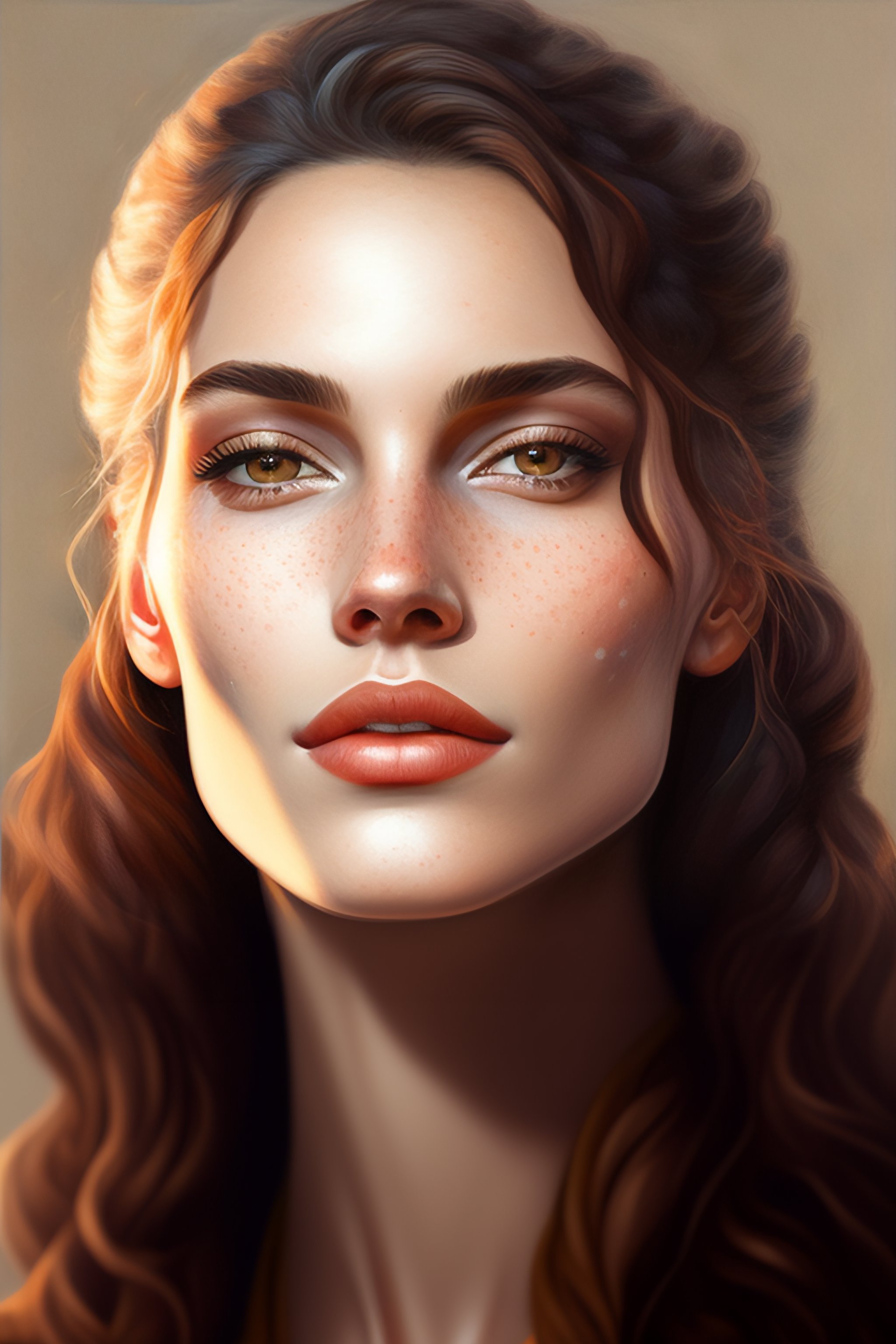 Lexica - Portrait of the slender woman with smiley lips, a long brown ...